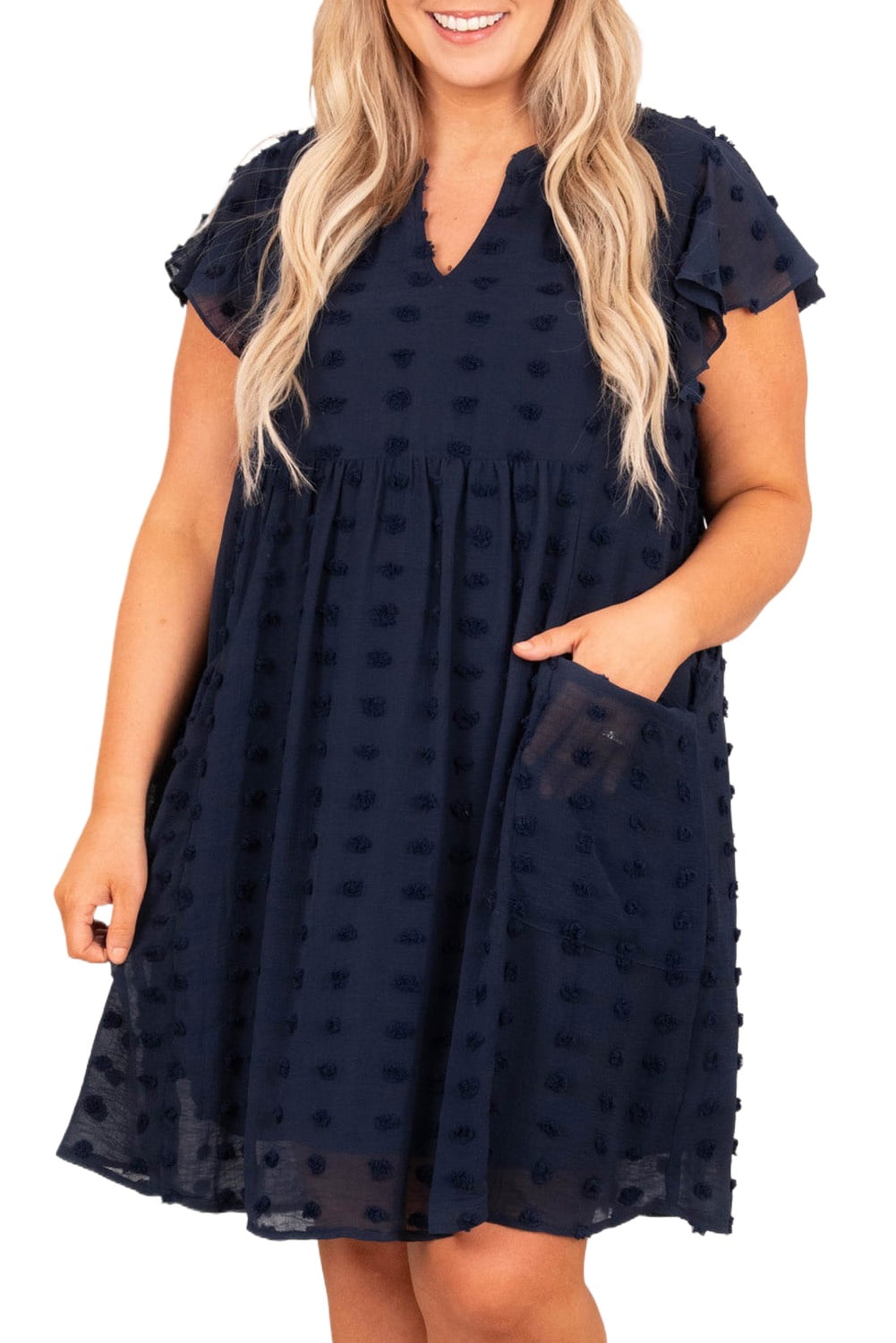 Navy Blue Plus Size Ruffled Dress with Polka Dot Texture and Notched ...