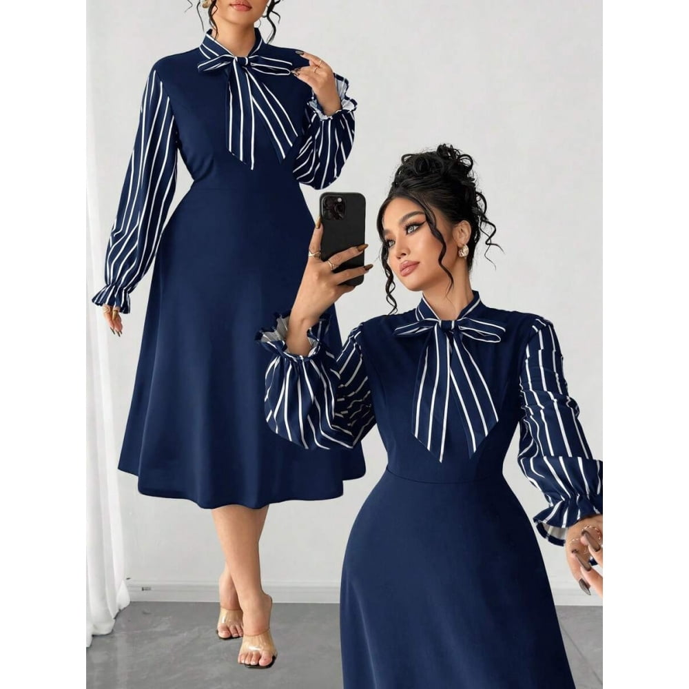 Navy Blue Plus Size Womens Elegant Long Sleeve Striped Tie-Neck Flared ...