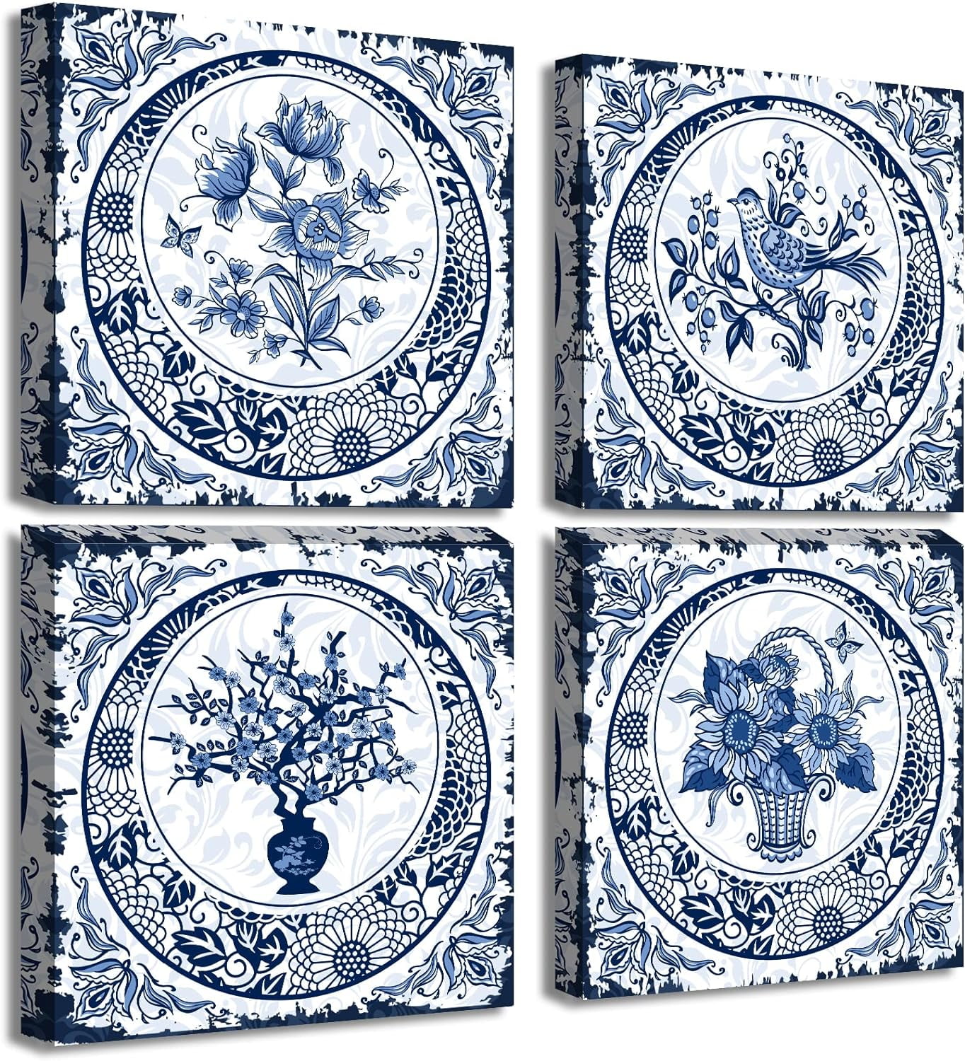 Navy Blue Poster Wall Decor for Bedroom Vintage Floral Pattern Canvas ...