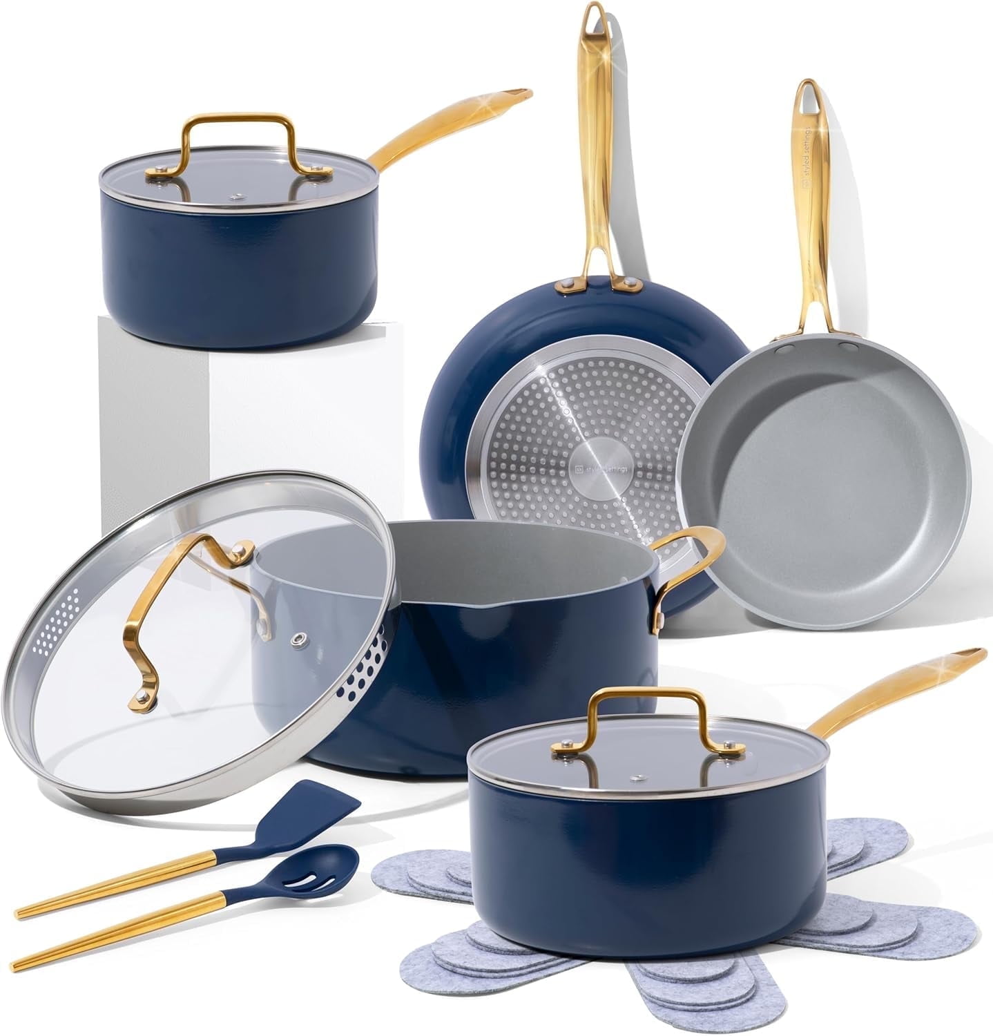 15-Piece Navy Blue Nonstick Cookware Set with Luxe Gold Utensils ...