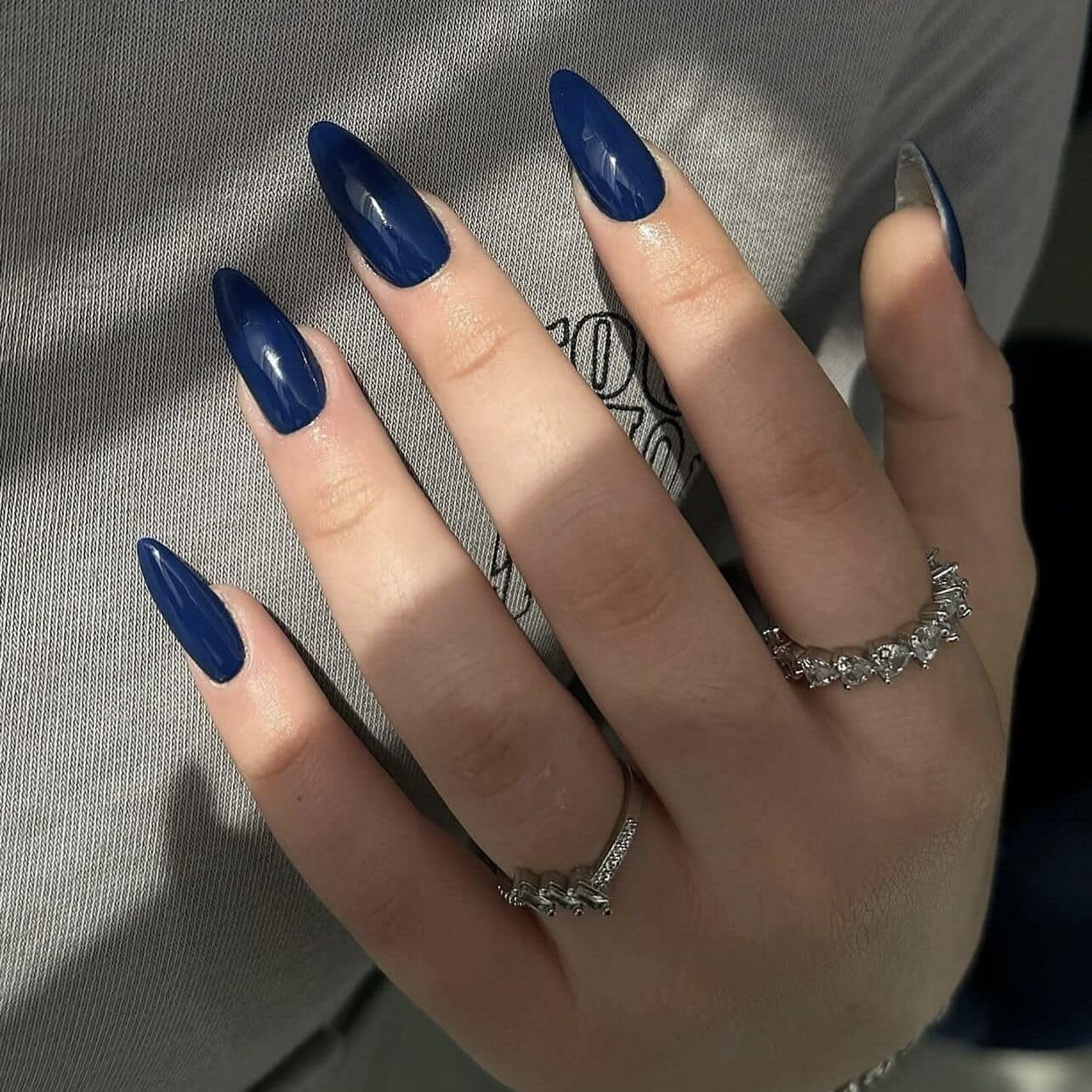 Navy Blue Press on Nails Almond Medium, Pure Color Glossy Fake Nails ...