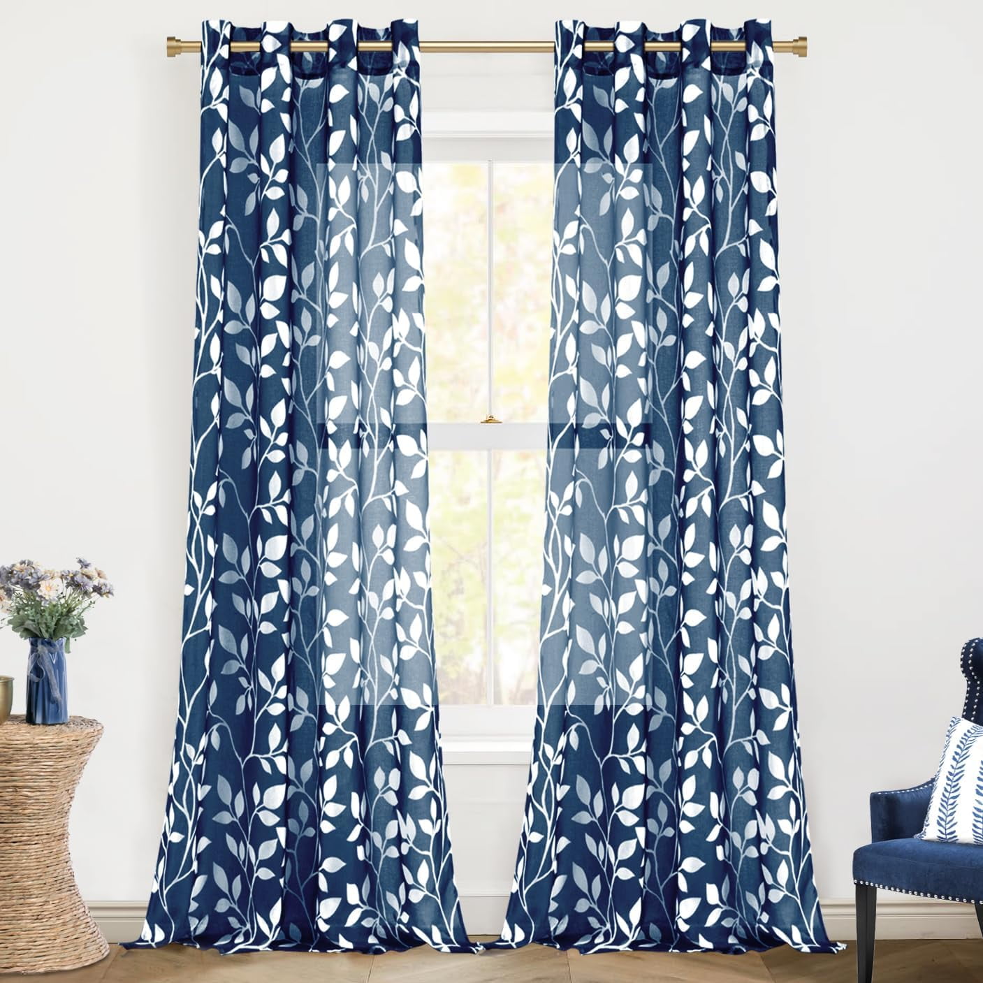 Navy Blue Print Curtains 96 Inches Long for Living Room 2 Panel Set Chinoiserie Semi Sheer Floor ...