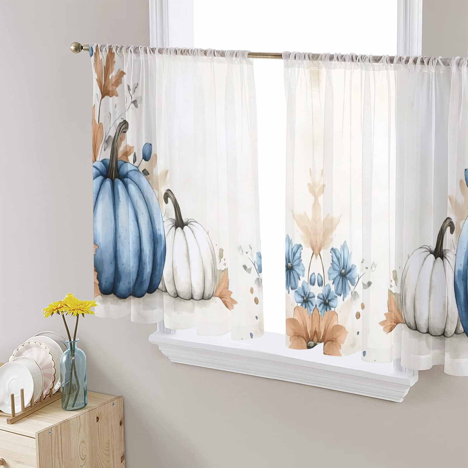 Navy Blue Pumpkin Fall Sheer Curtains 45 Inch Length 2 Panels Set, Semi ...
