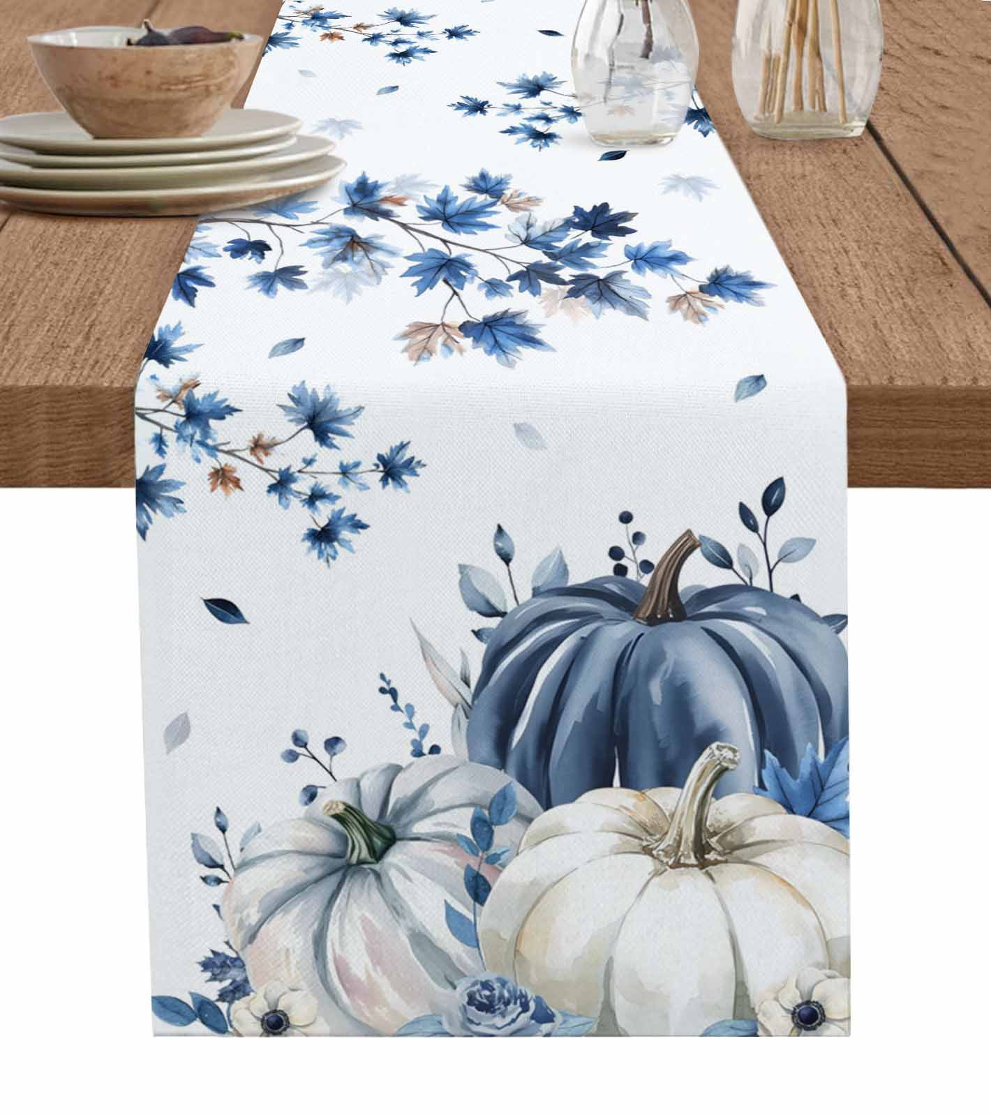 Navy Blue Pumpkins Table Runner 108 Inches, Fall Blue Maple Tree Leave ...