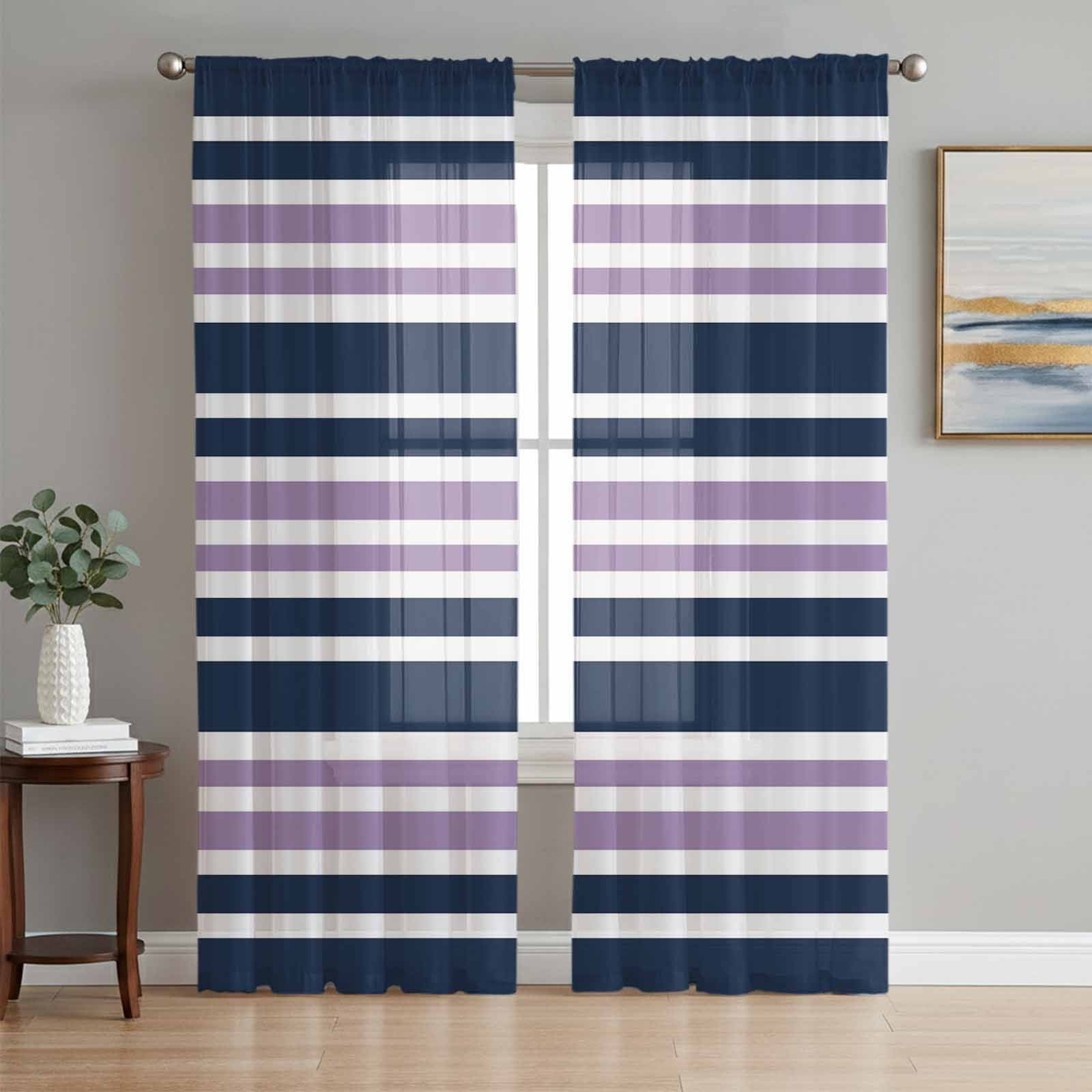 Navy Blue Purple Striped Sheer Curtains 72 Inch Length 2 Panels Set ...