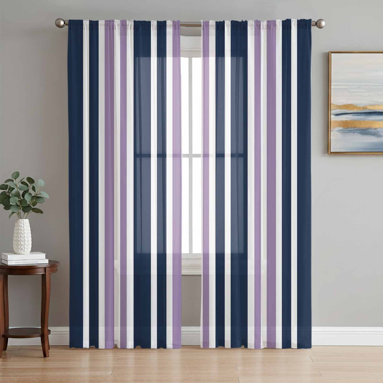 Navy Blue Purple Striped Sheer Curtains 72 Inch Length 2 Panels Set ...