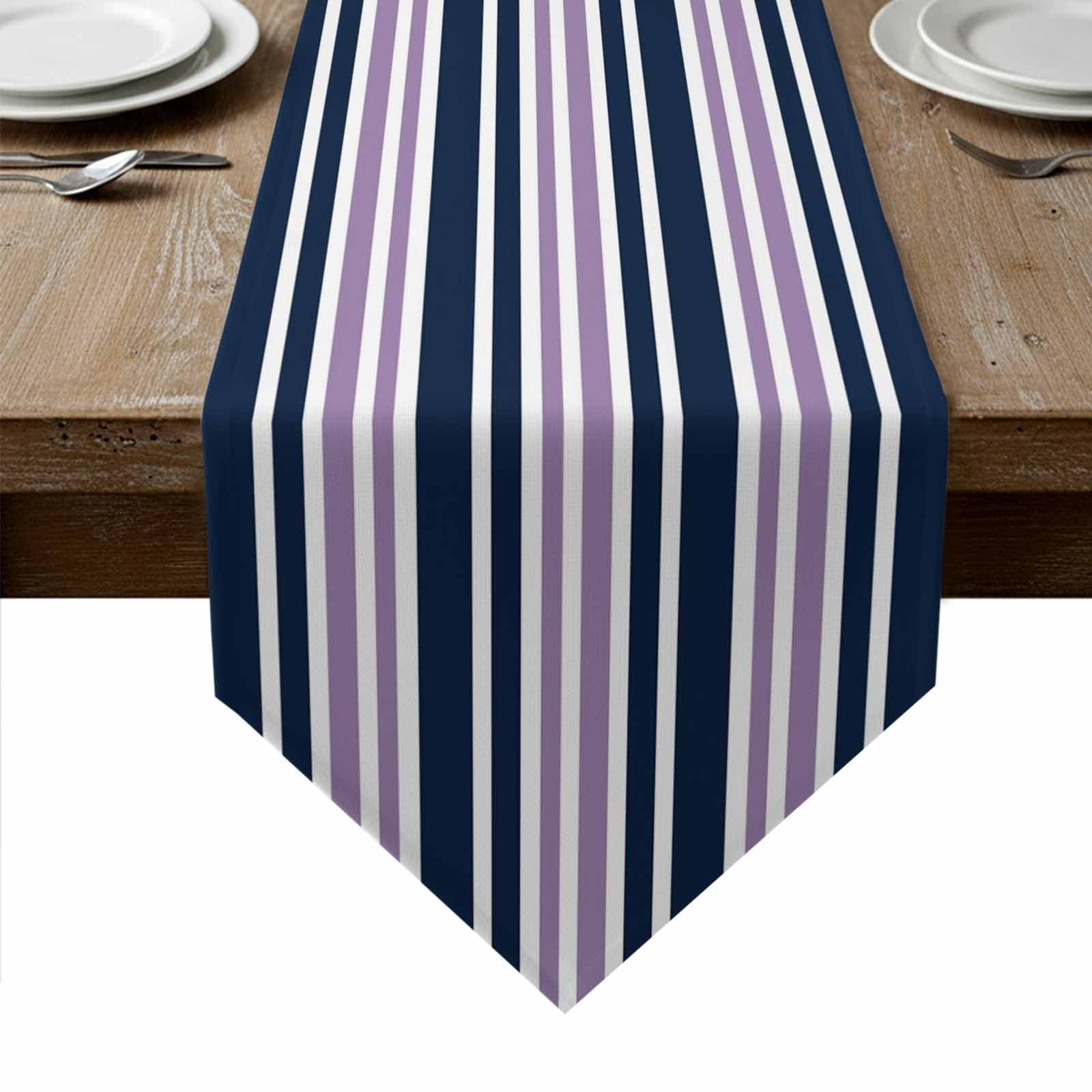 Navy Blue Purple Striped Table Runner Linen Burlap Table Runner 72 ...