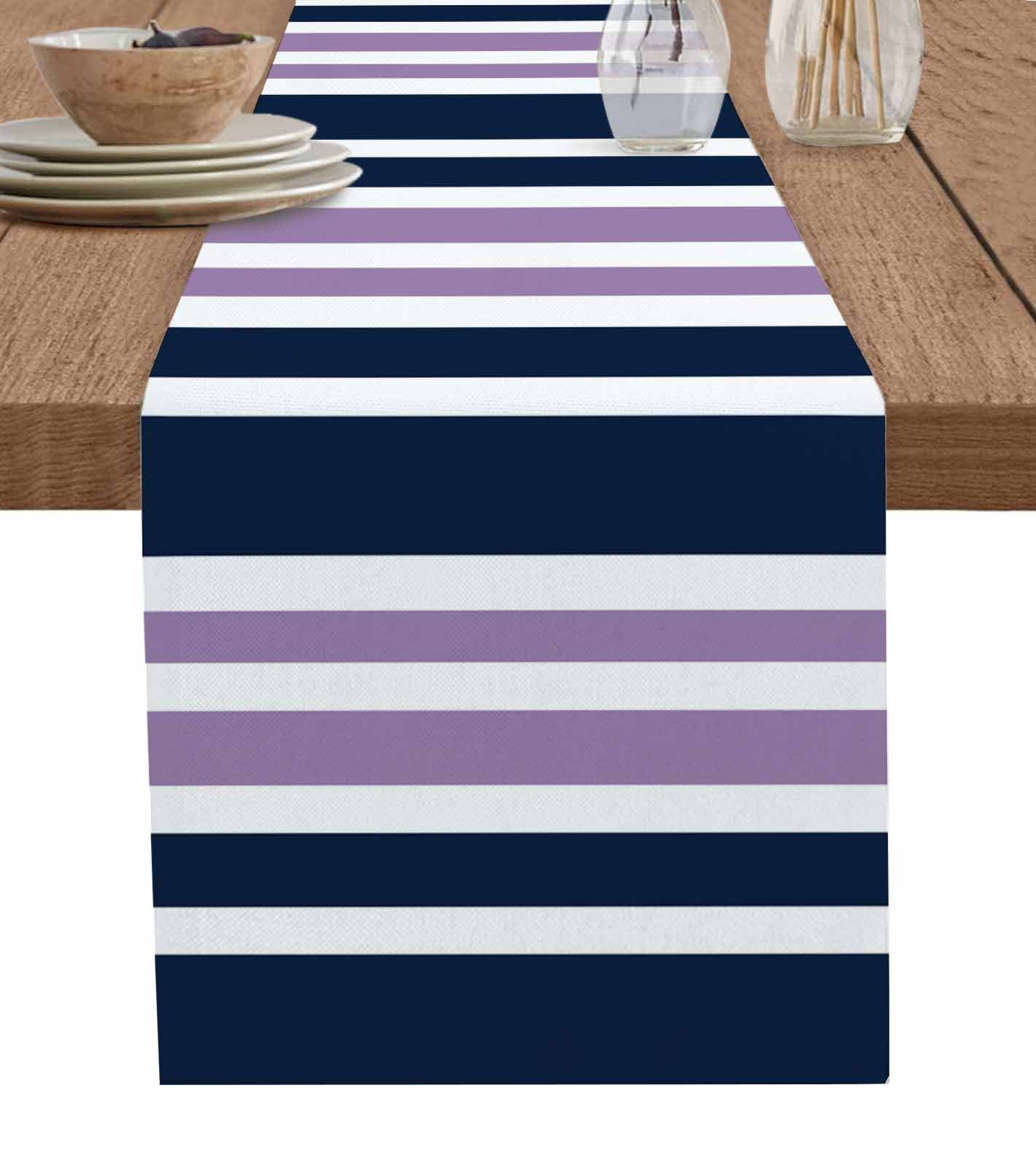 Navy Blue Purple Striped Table Runners 120 Inches Long, Cotton Linen ...