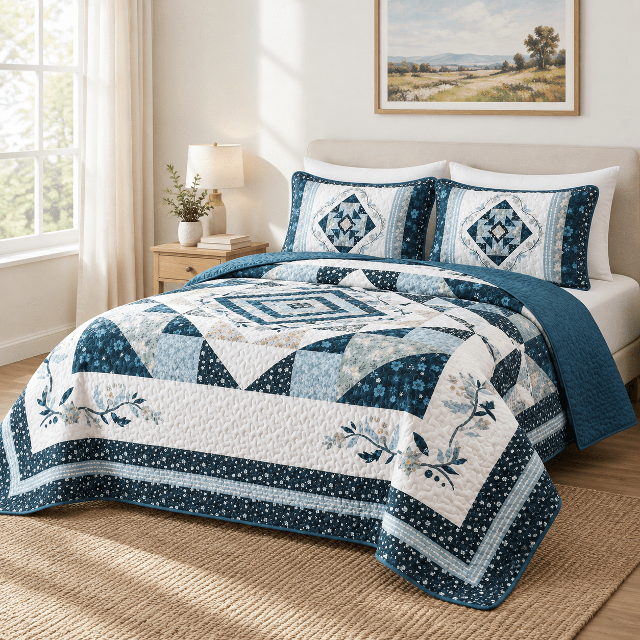 Navy Blue Queen 3-Piece Patchwork Quilt Set Farmhouse Softfiber All ...