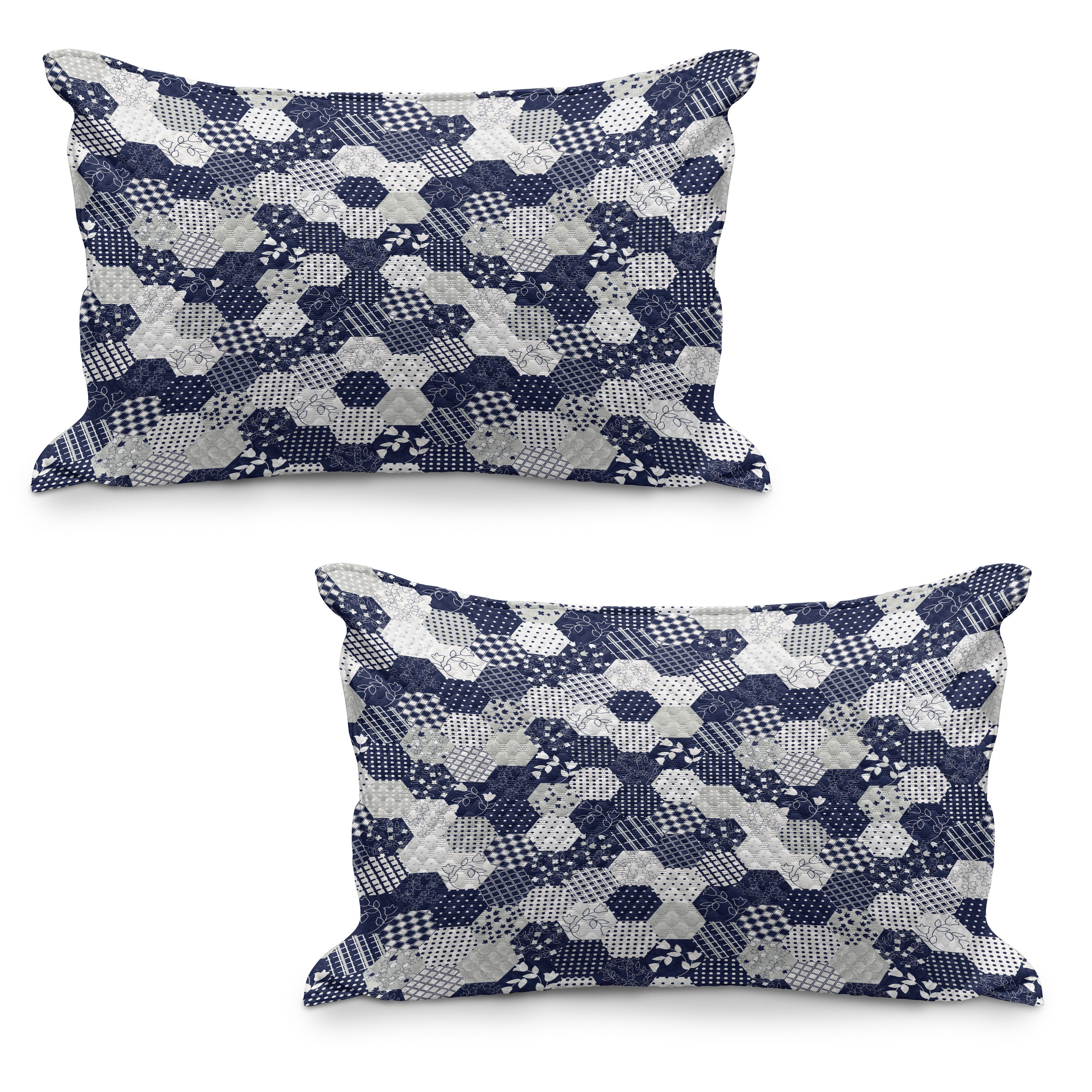 Navy Blue Quilted Pillowcover Set of 2, Octagon Patchwork Style Pattern ...