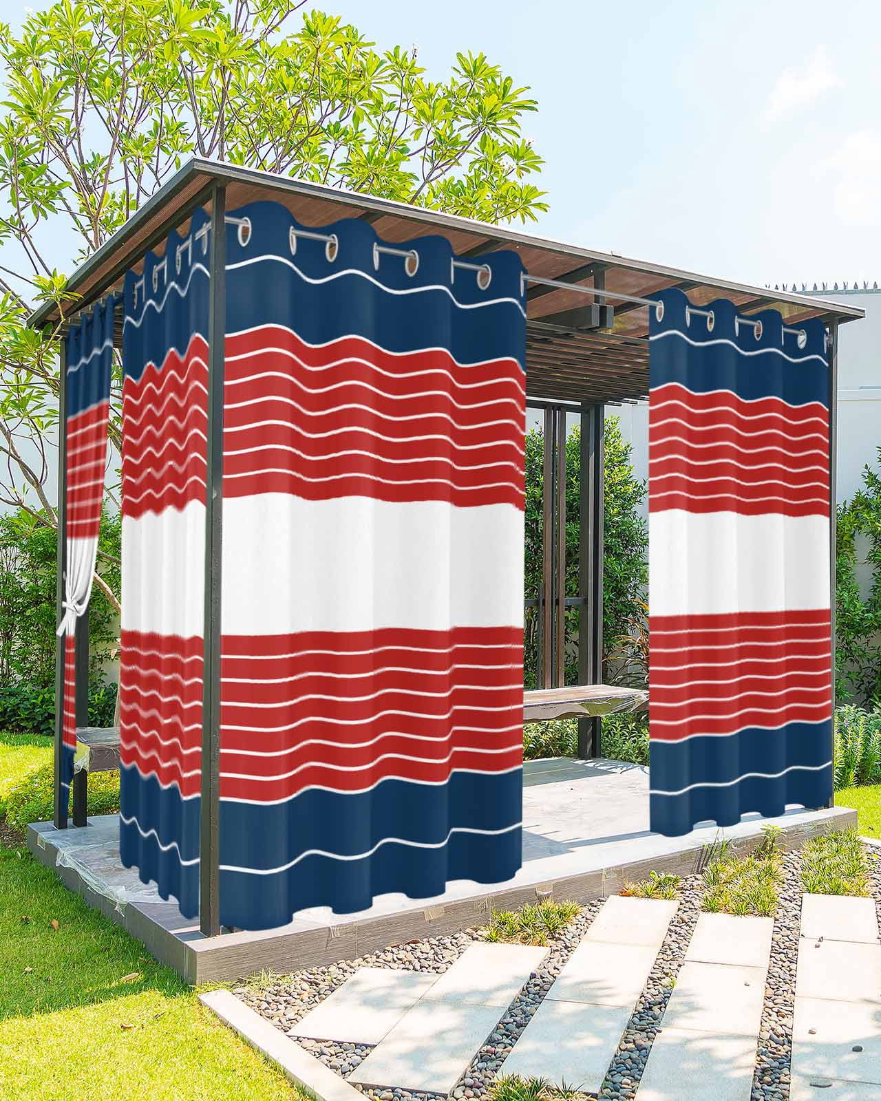 Navy Blue Red Outdoor Curtains for Patio Waterproof, Modern Geometric ...