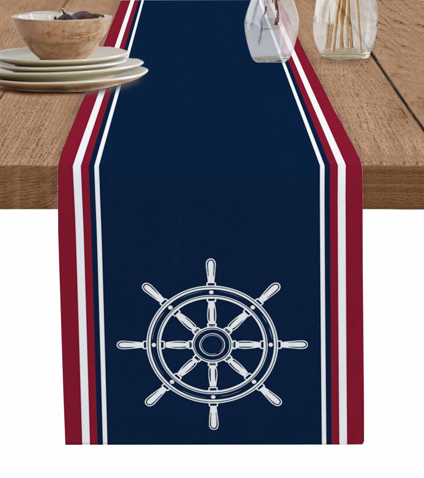 Navy Blue Red Stripe Table Runner 72 Inches, Coastal Nautical Rudder ...