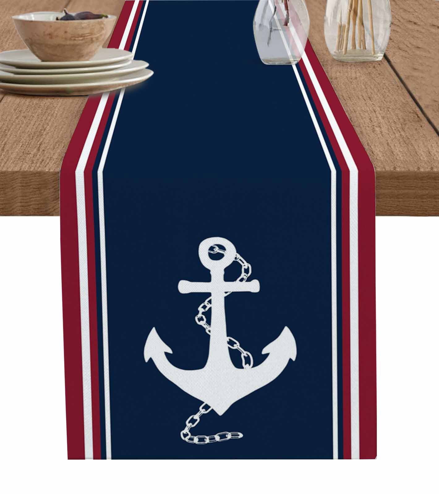 Navy Blue Red Stripe Table Runner 90 Inches, Coastal Nautical Anchor ...