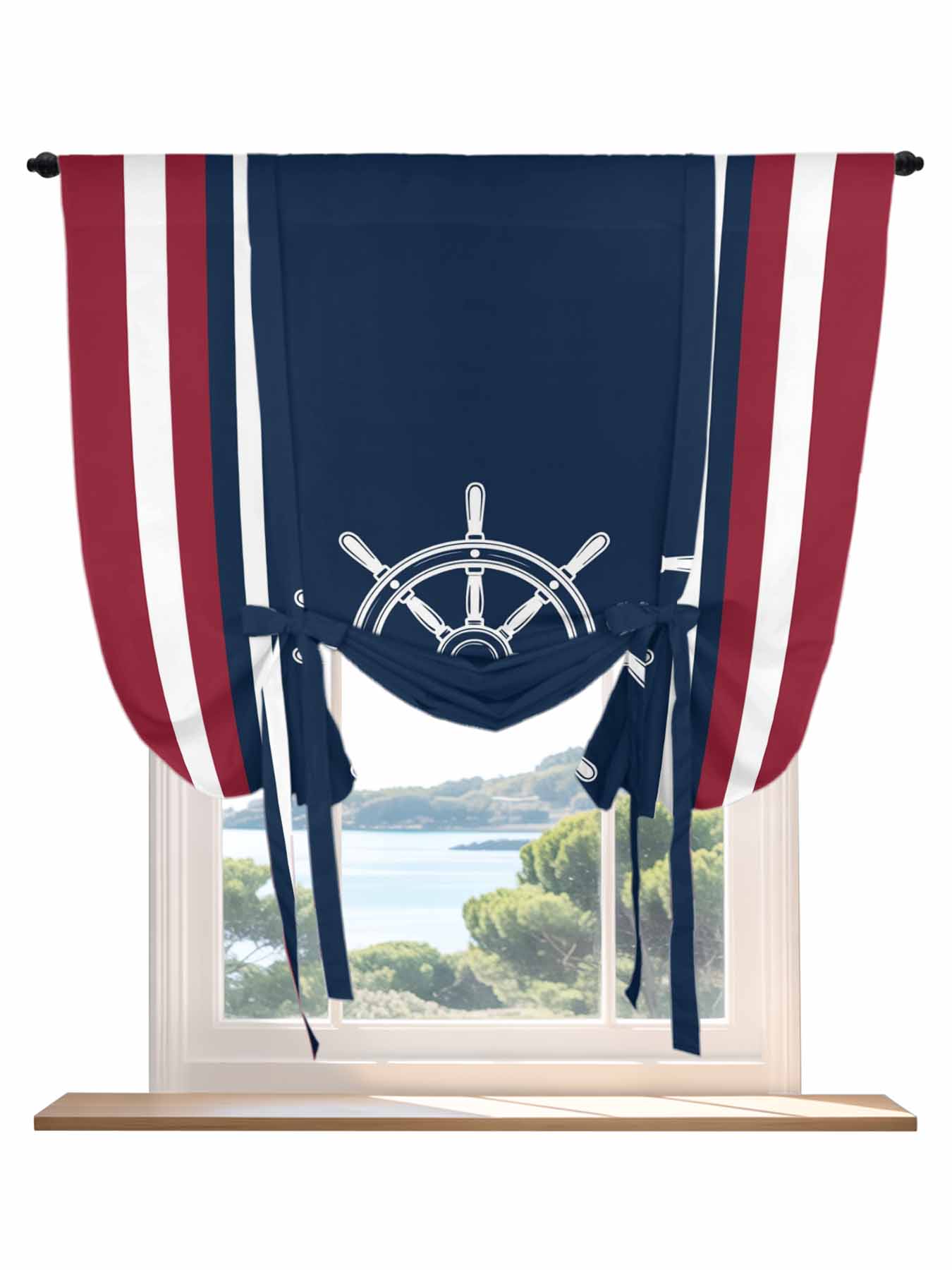 Navy Blue Red Stripe Tie Up Curtains for Windows 45 Inch Length Balloon ...