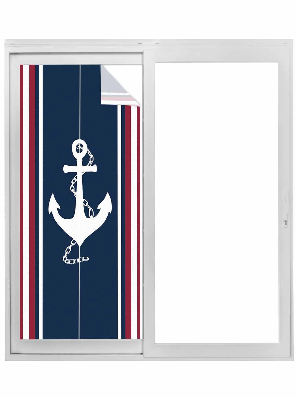 Navy Blue Red Stripe Window Privacy Film, Coastal Nautical Anchor ...