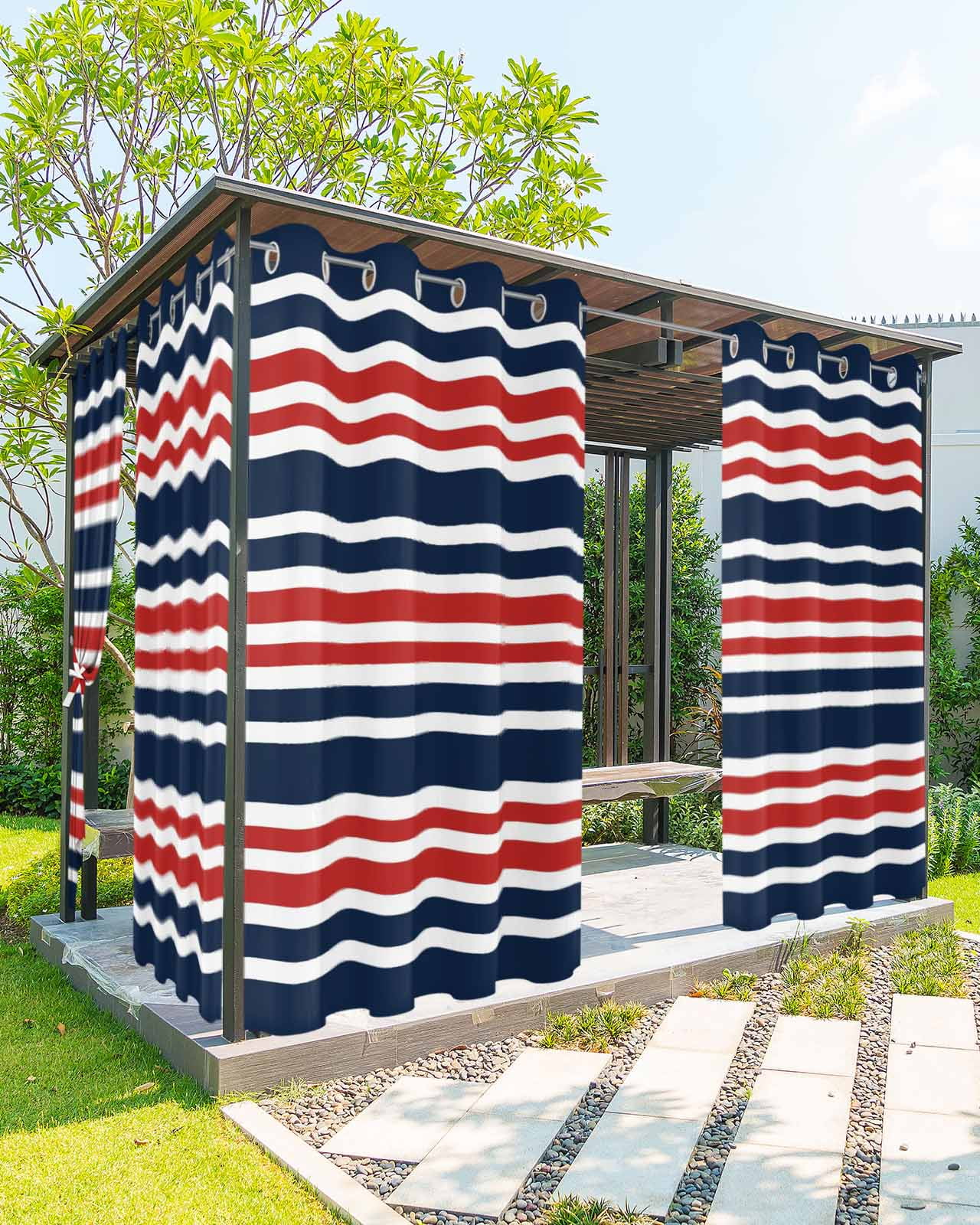 Navy Blue Red Striped Outdoor Curtains for Patio, Gradient Horizontal ...