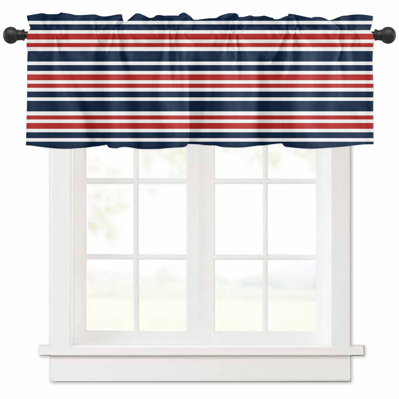 Navy Blue Red Striped Valances for Windows Farmhouse Kitchen Curtains ...