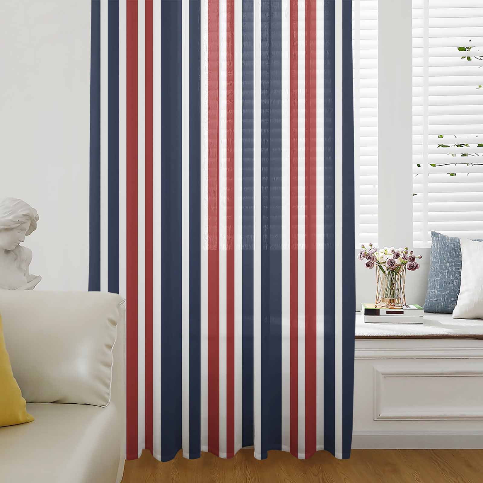 Navy Blue Red Window Curtain 108 Inches Long,White Geometric Vertical ...