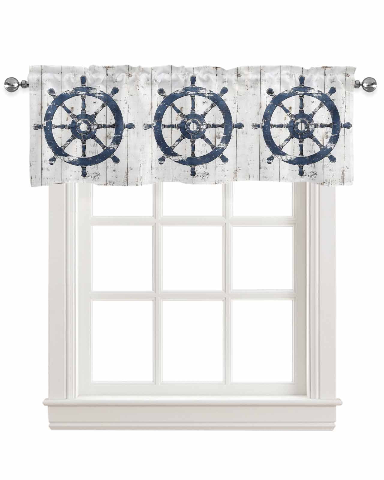 Navy Blue Retro Coastal Kitchen Valances for Windows Farmhouse Linen ...
