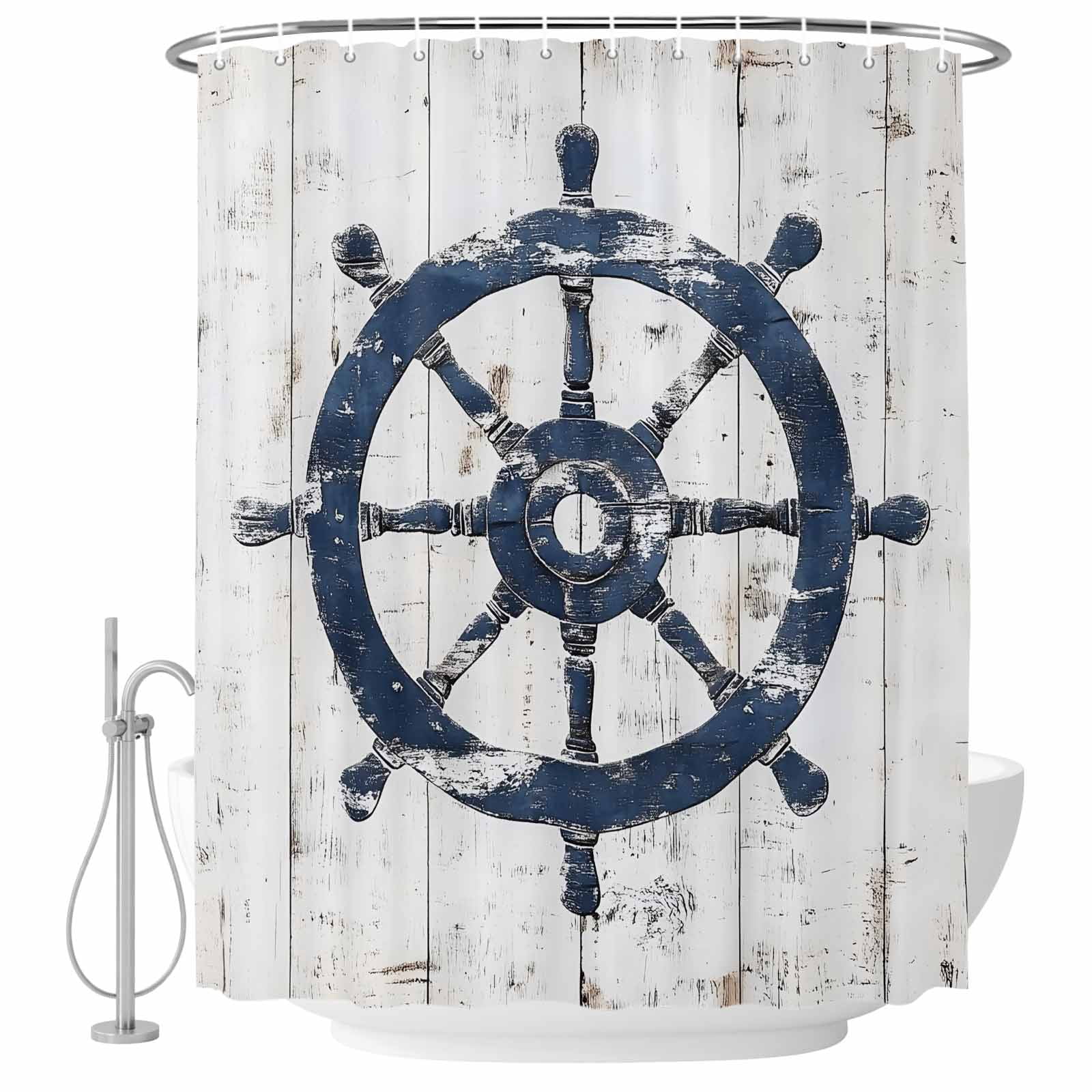 Navy Blue Retro Coastal Shower Curtain Set - Long 72" x 84" Washable ...