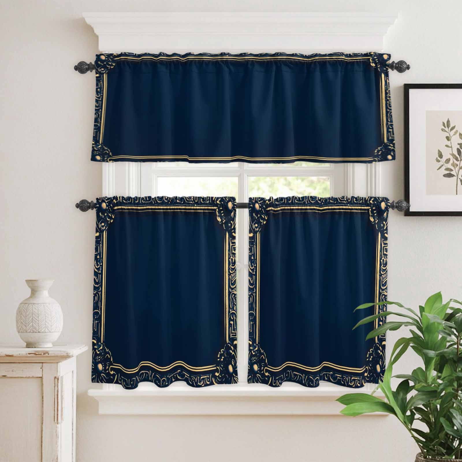 Navy Blue Retro Floral Border Curtain Tier and Valance Set 3 Piece ...