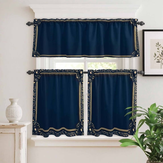 Navy Blue Retro Floral Border Curtain Tier and Valance Set 3 Piece ...