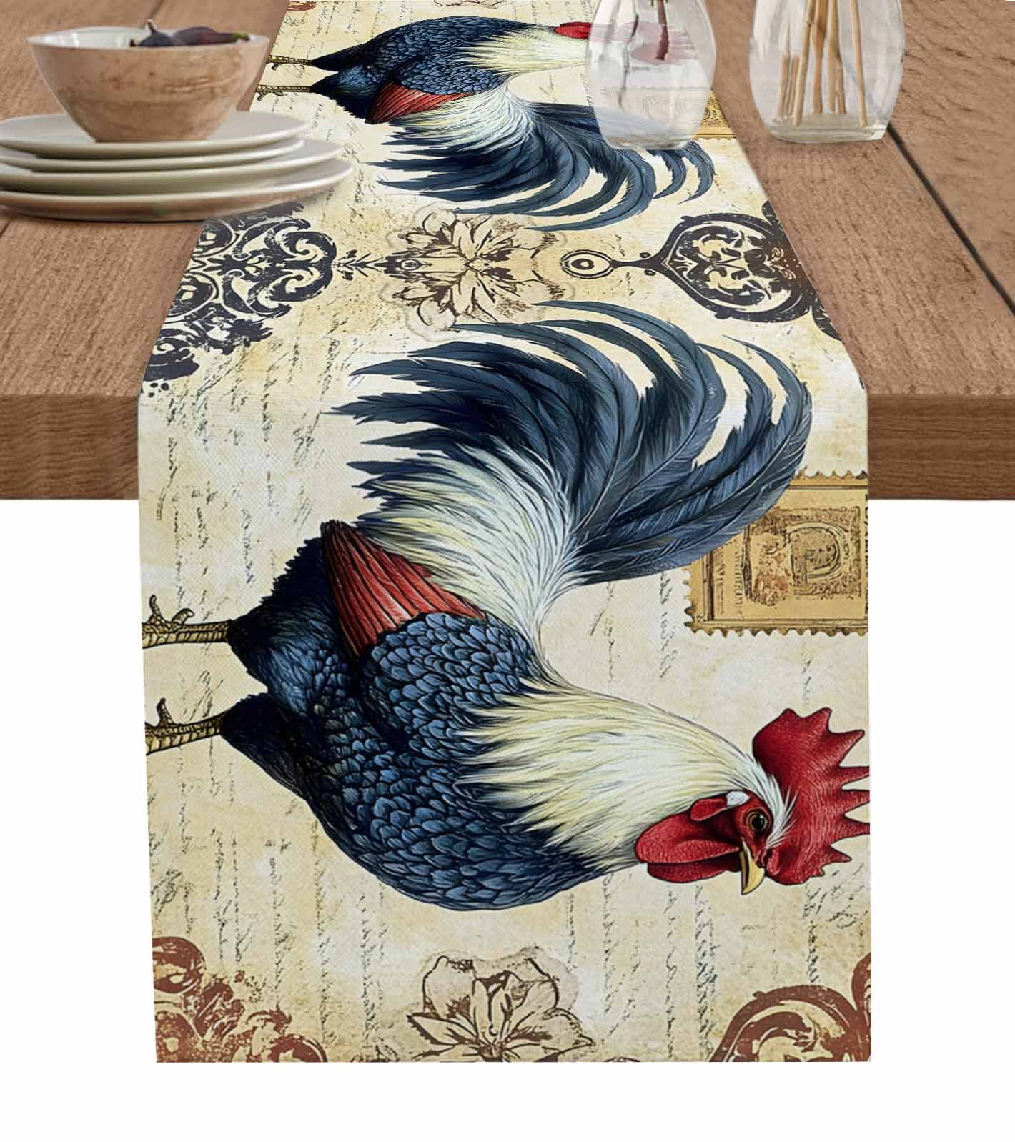 Navy Blue Retro Rooster Table Runner 120 Inches, Watercolor Animals Bed ...
