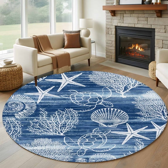 Navy Blue Retro Summer 5FT Round Area Rugs for Living Room Sea Turtle ...