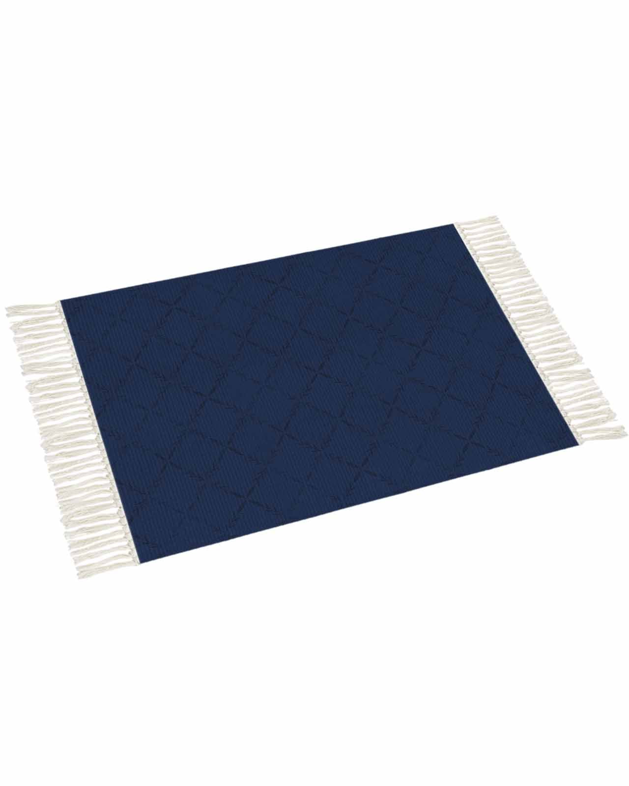 Navy Blue Rhombus Plaid Bathroom Rug 2'x3', Woven Cotton Area Rug ...