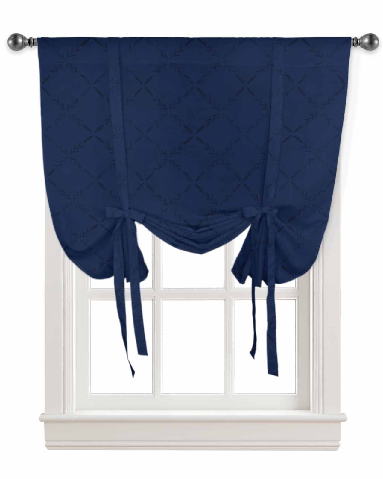Navy Blue Rhombus Plaid Tie Up Curtains for Kitchen Bathroom Bedroom ...