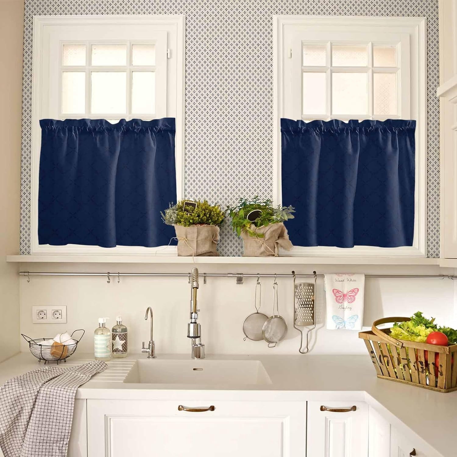 Navy Blue Rhombus Window Tier Curtains 36 Inch Length, Rustic Modern ...