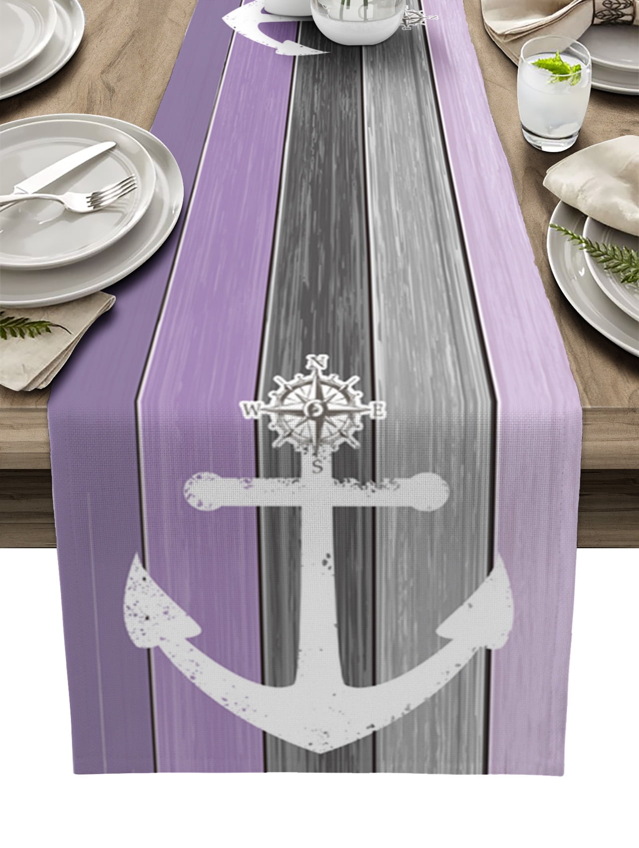 Navy Blue Ripple Yellow Anchor Table Runner Wedding Party Dining Table ...