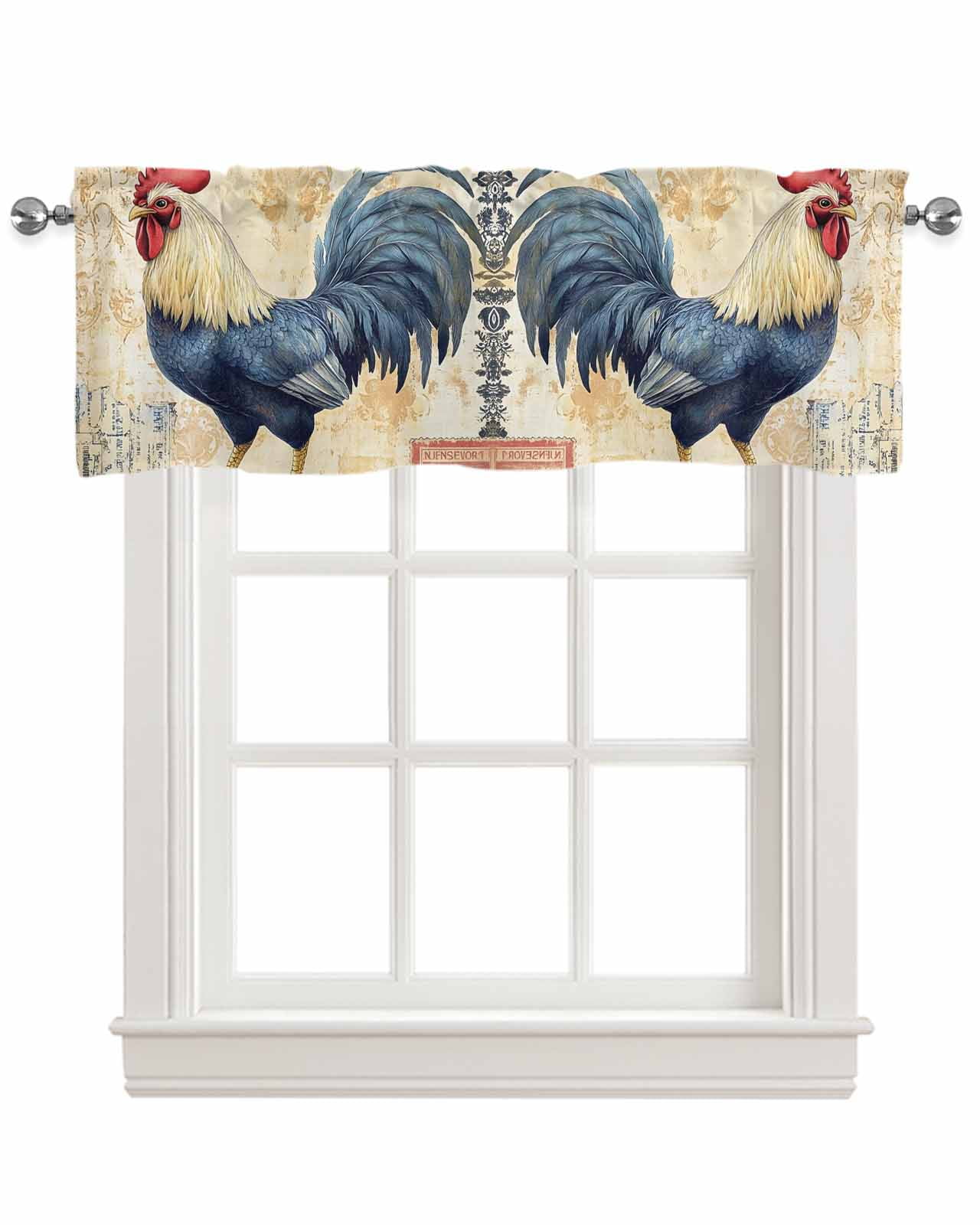 Navy Blue Rooster Kitchen Valances for Windows Farmhouse Linen Window ...