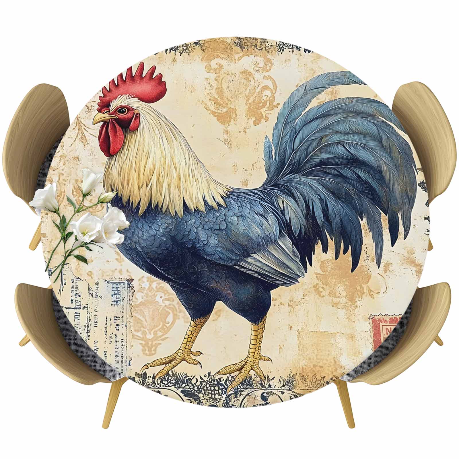 Navy Blue Rooster Round Tablecloth 36-44 Inch Round Fitted Table Cloth ...