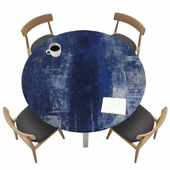 Navy Blue Round Fitted Tablecloth with Elastic Edge Abstract Art ...