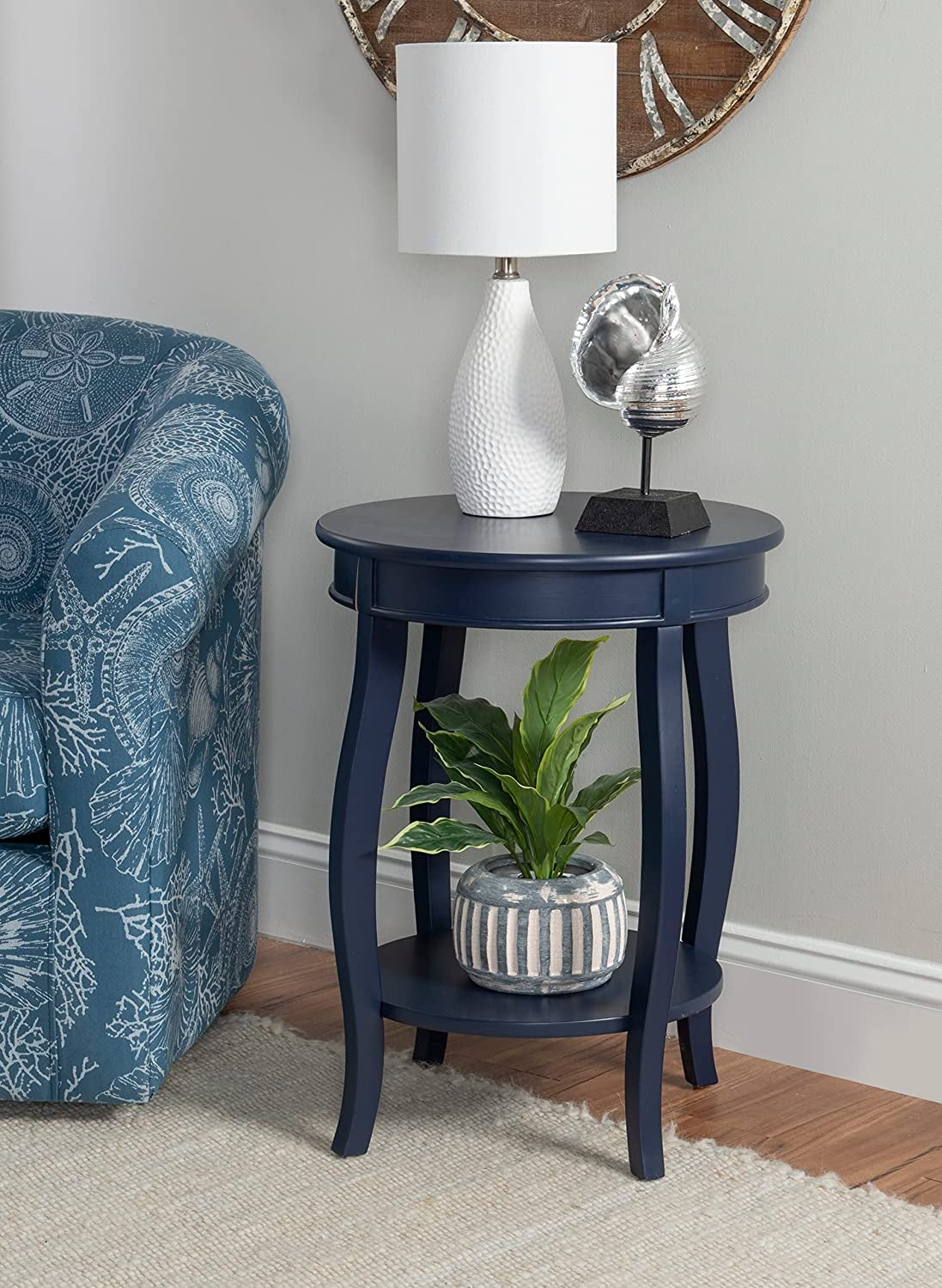 Phipps Navy Blue Round Side Table with Shapely Legs and Shelf - Walmart.com