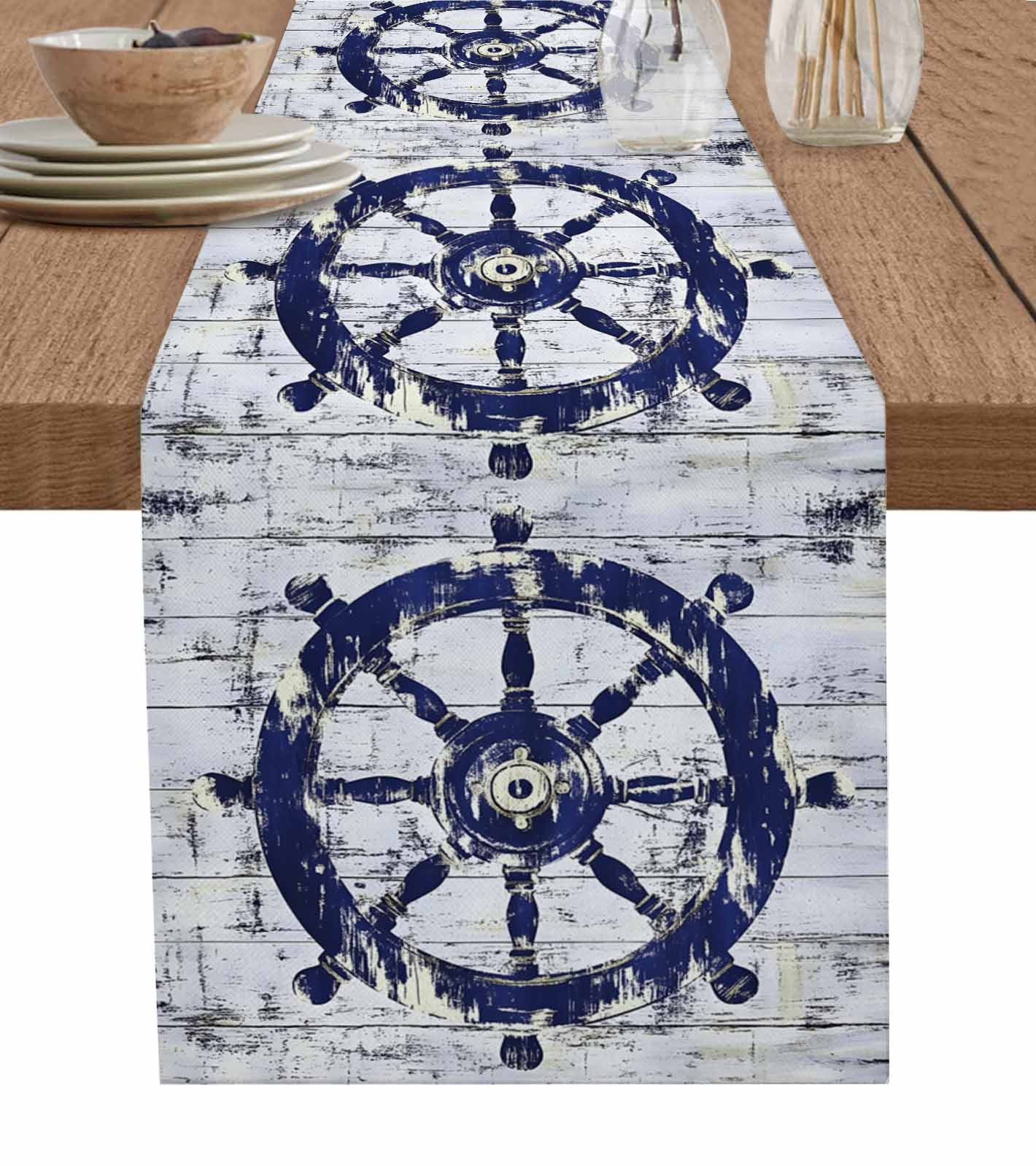 Navy Blue Rudder Coastal Burlap Cotton Table Runner 14x72 Inches Long ...