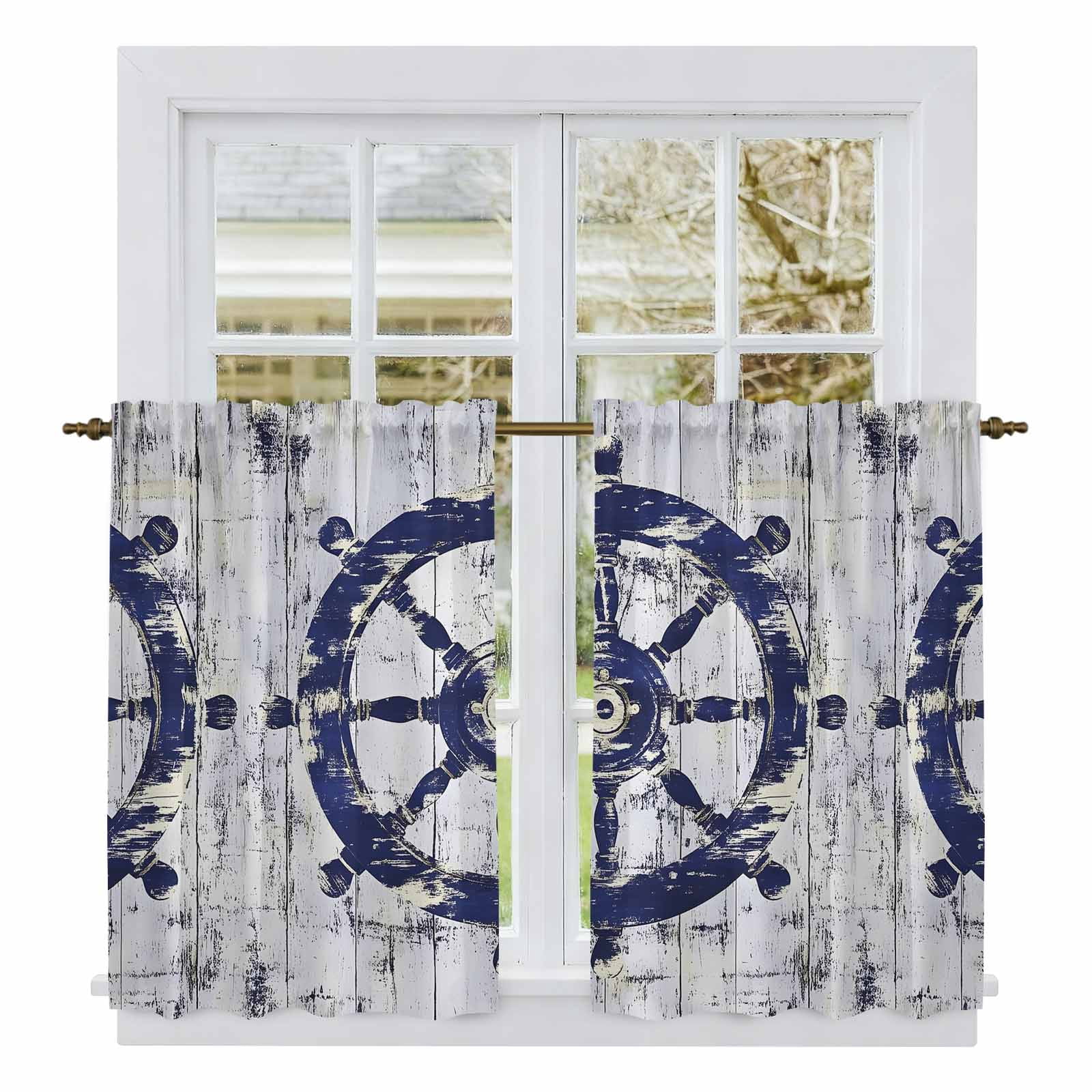 Navy Blue Rudder Coastal Kitchen Curtains, Nautical Beach Ocean Retro ...