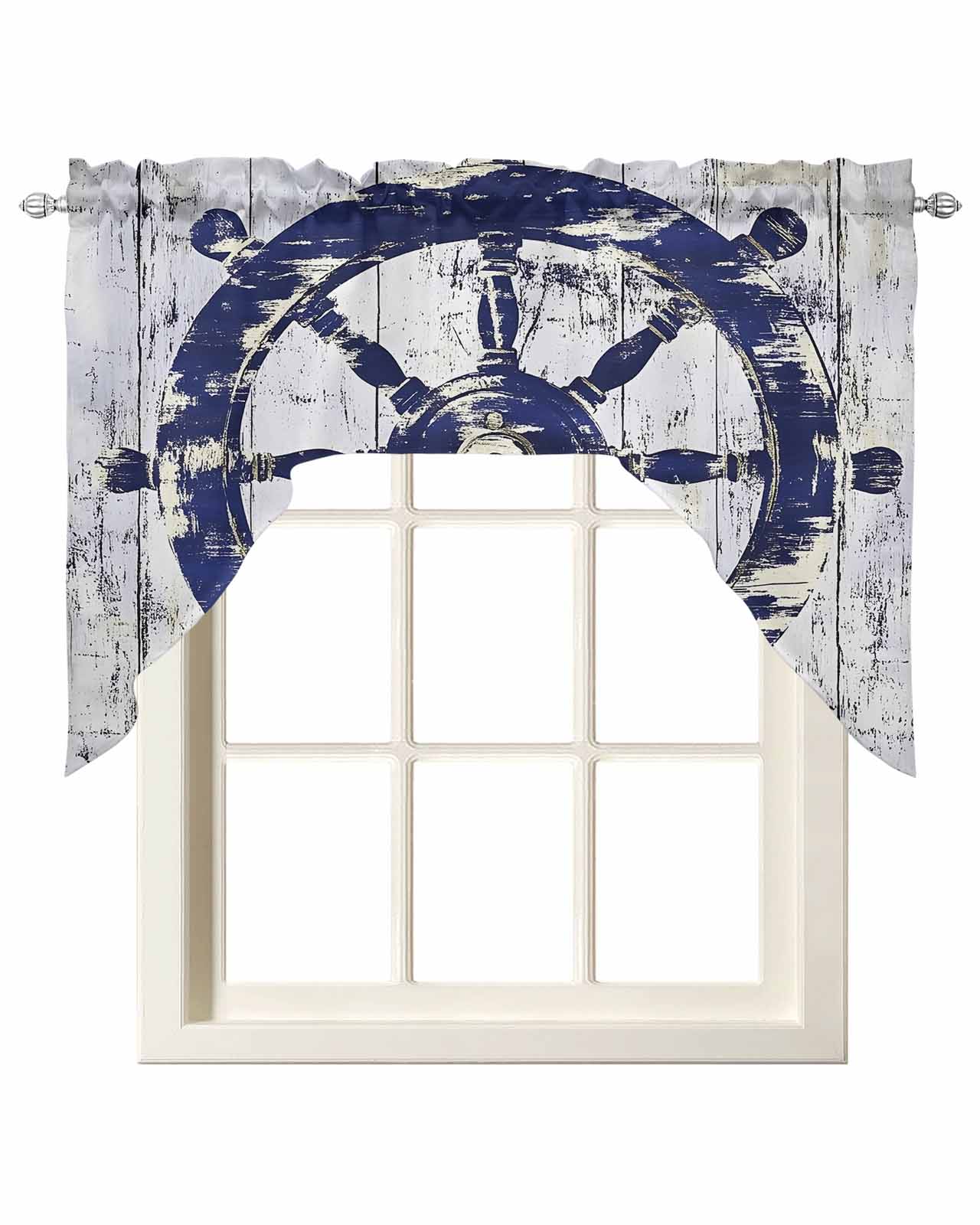 Navy Blue Rudder Coastal Kitchen Swag Valances for Windows, Nautical ...
