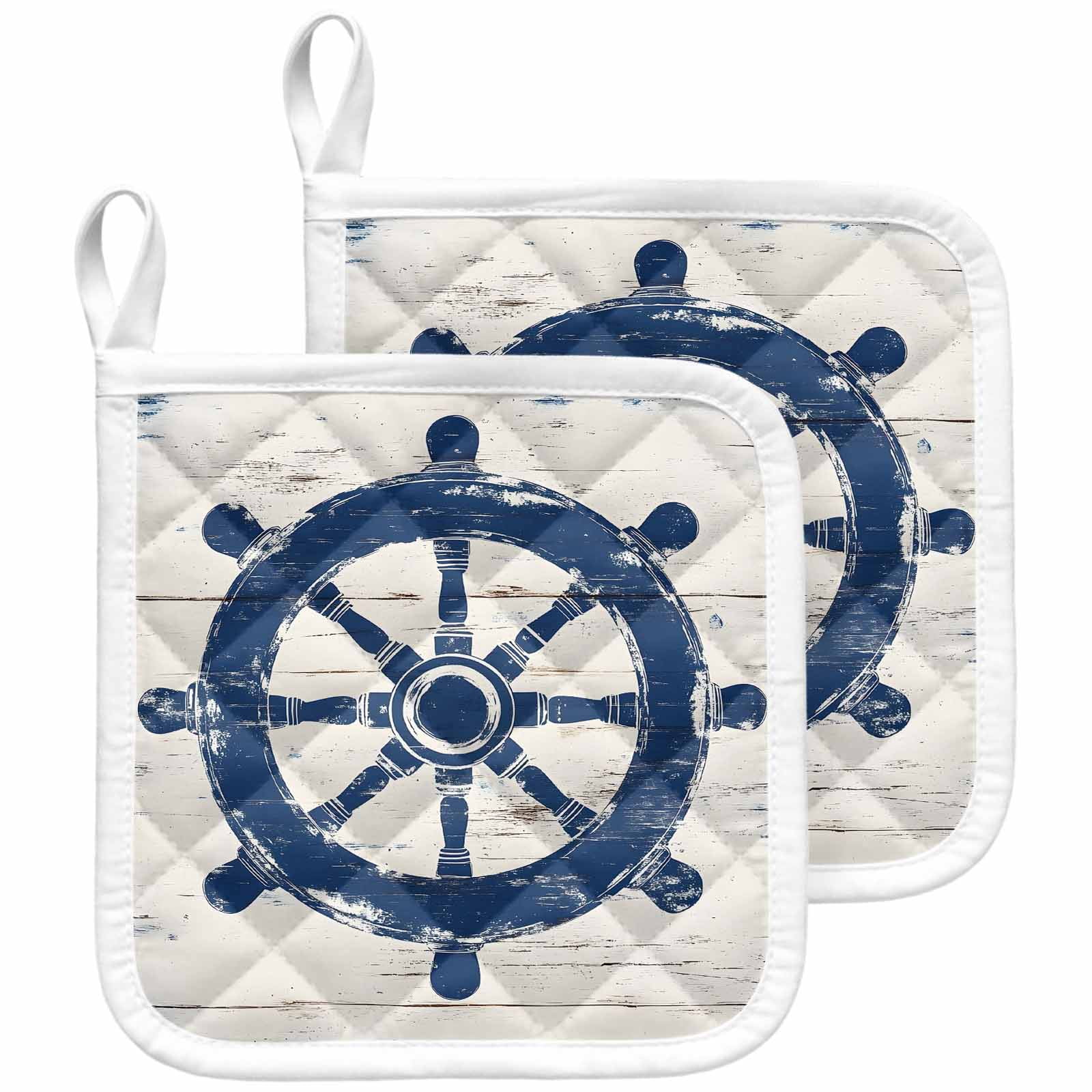 Navy Blue Rudder Coastal Pot Holders for Kitchen Heatproof Potholder, 2 ...