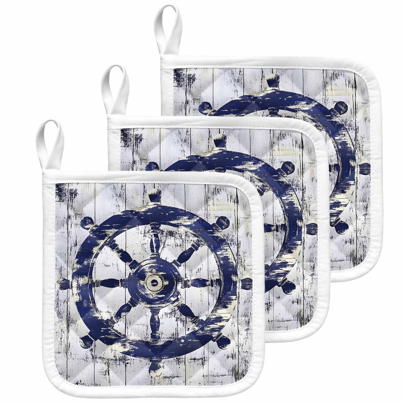 Navy Blue Rudder Coastal Pot Holders for Kitchen Heatproof Potholder, 3 ...