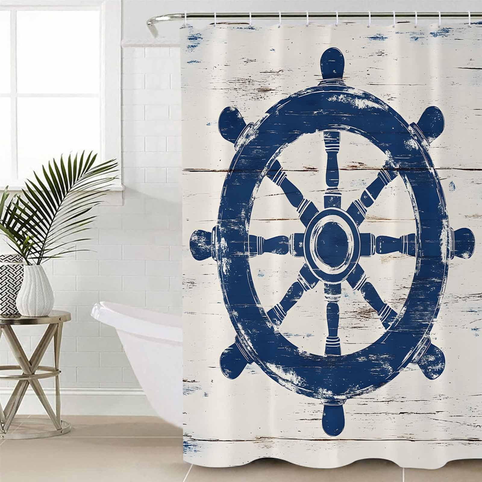 Navy Blue Rudder Coastal Small Stall Shower Curtain, Waterproof Shower ...