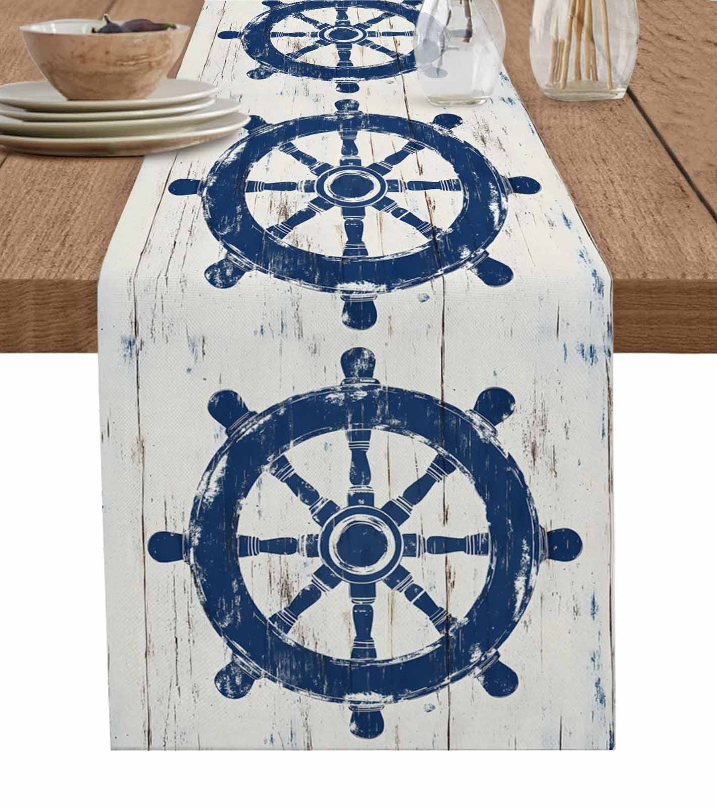 Navy Blue Rudder Coastal Table Runner 72 Inches, Nautical Beach Ocean ...
