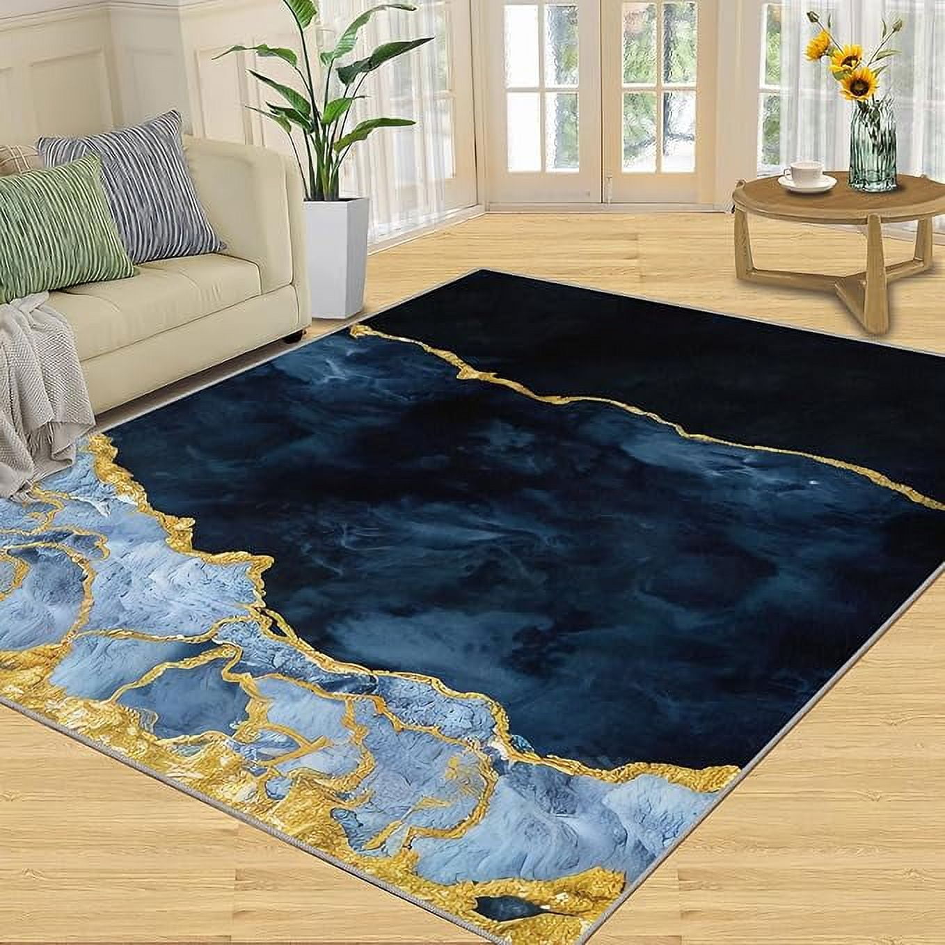 Navy Blue Rug, Modern Abstract Gilded Marble Rugs For Living Room, Soft ...
