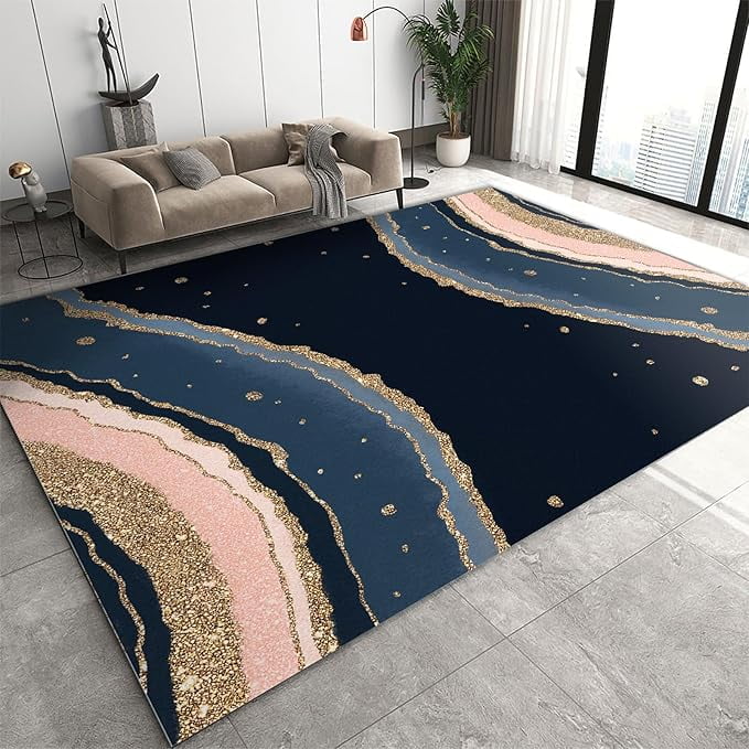 Navy Blue Rugs For Living Room, Pink Rose Gold Marble Gold Foil Texture ...