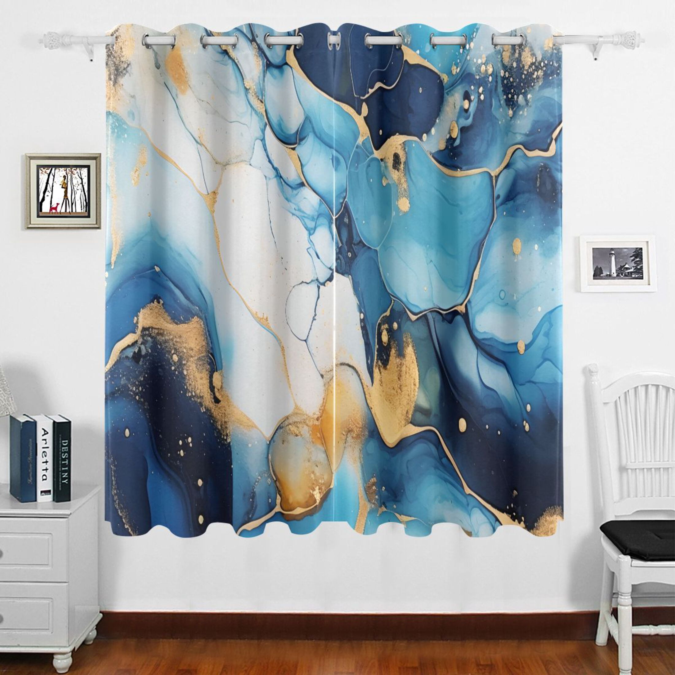 Navy Blue Sapphire Marble Blackout Curtains 63 inch Length 2 Panels ...
