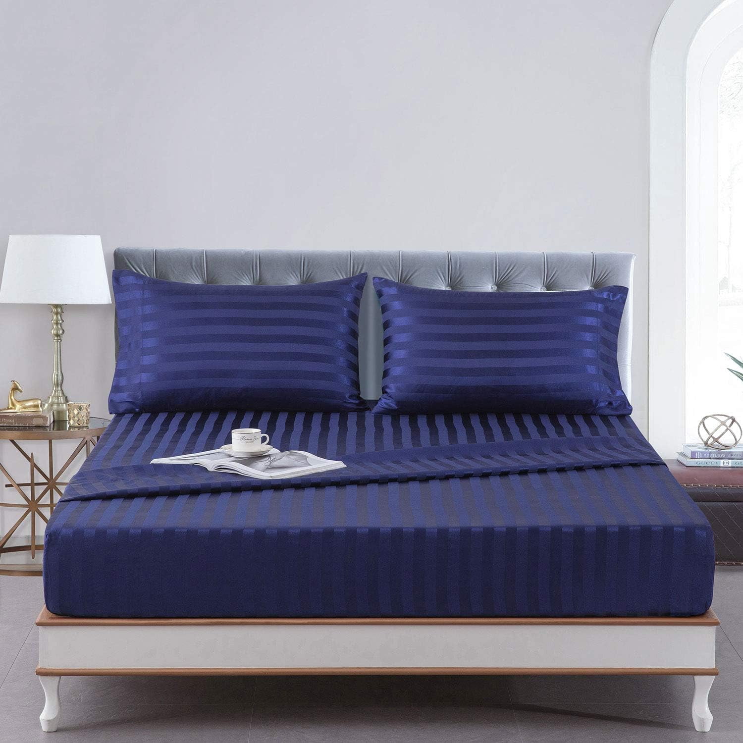 Navy Blue Satin-Silk Sheets for King Size Bed, Soft Cooling Deep Pocket ...