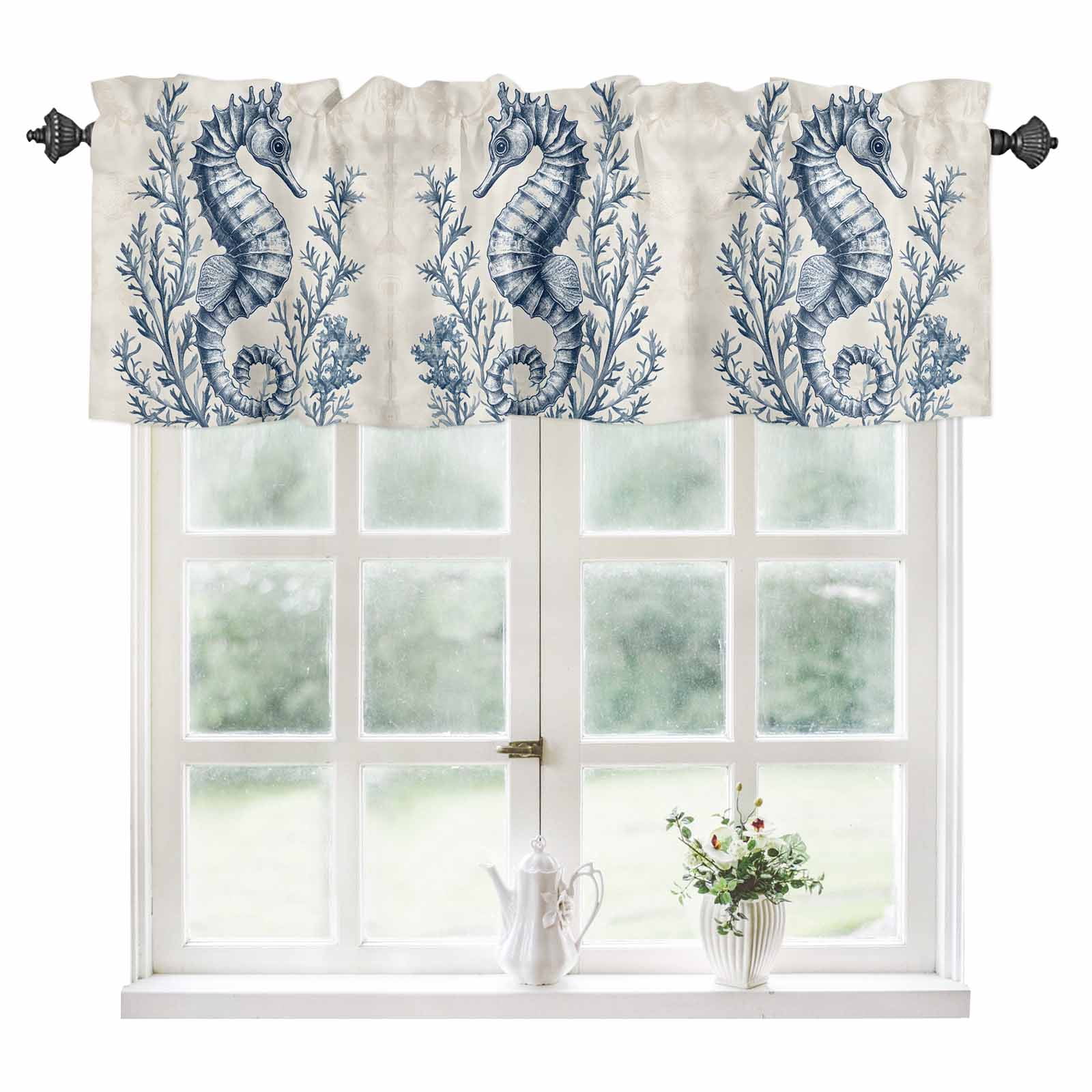 Navy Blue Seahorse Coastal Kitchen Valances for Windows 60x18 Inch Kitchen Curtains Valances Rod ...