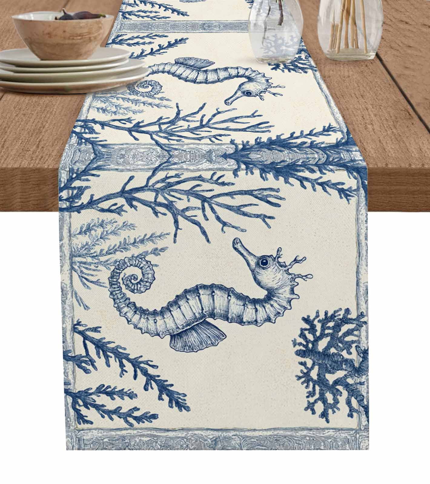 Navy Blue Seahorse Coastal Table Runner 72 Inches, Beach Botanical ...