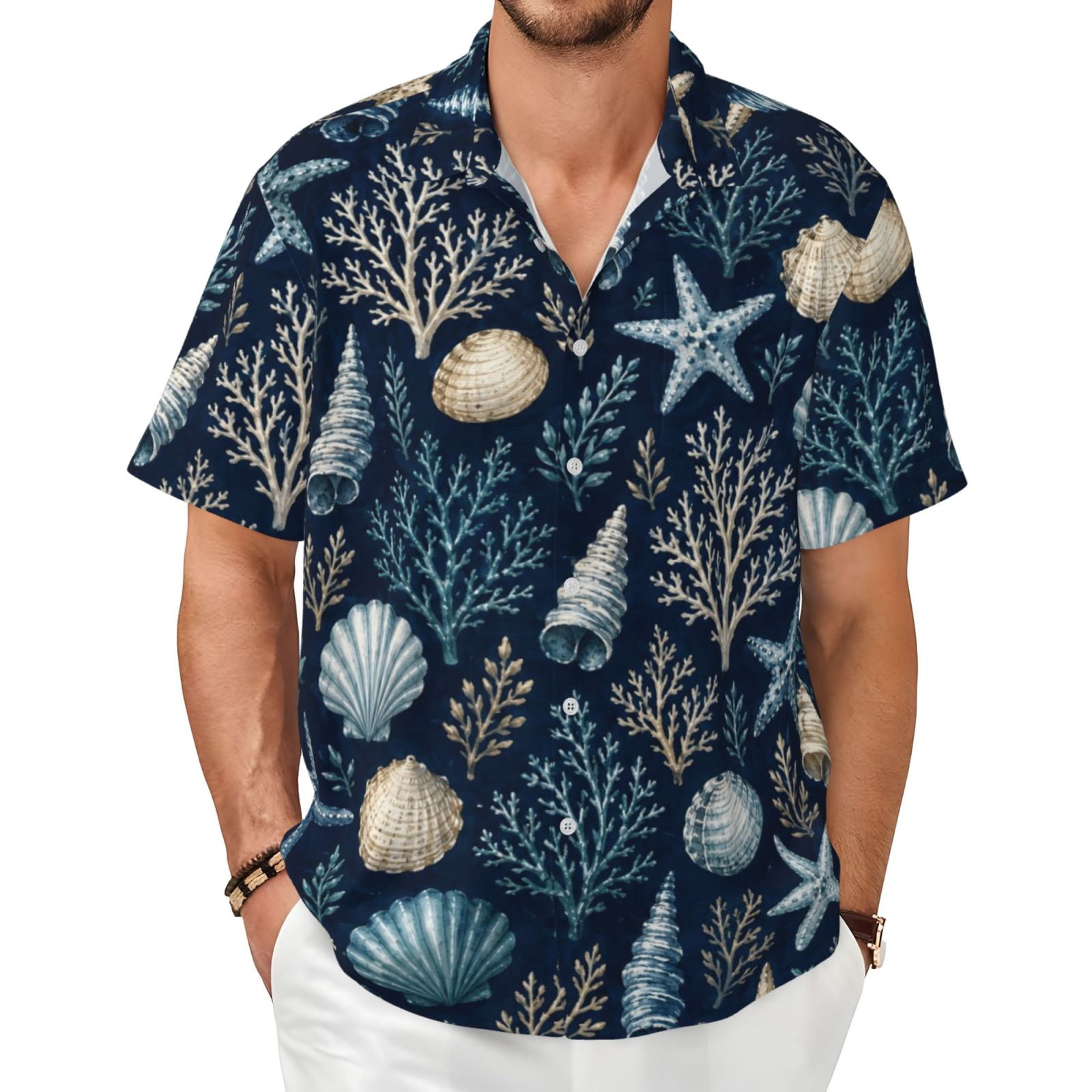 Navy Blue Seashell Starfish Men's Shirts Short-Sleeved with All-Over ...